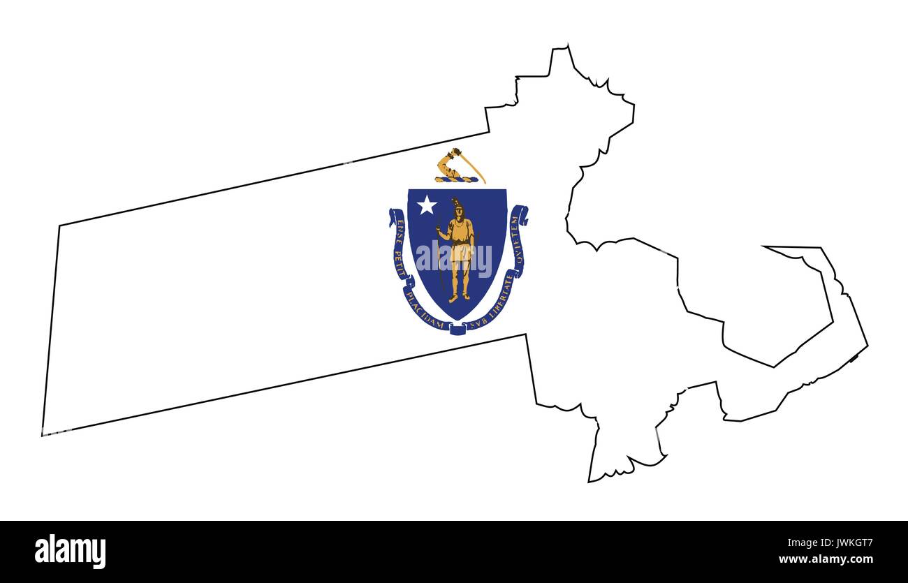 State map outline of Massachusetts with flag over a white background ...
