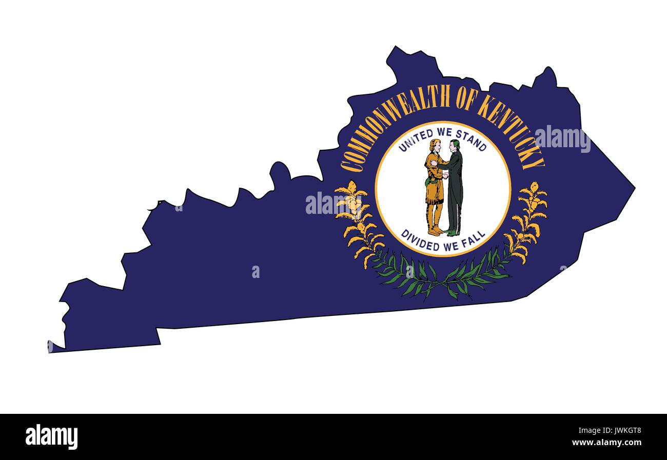 State map outline of Kentucky over a white background with flag inset ...