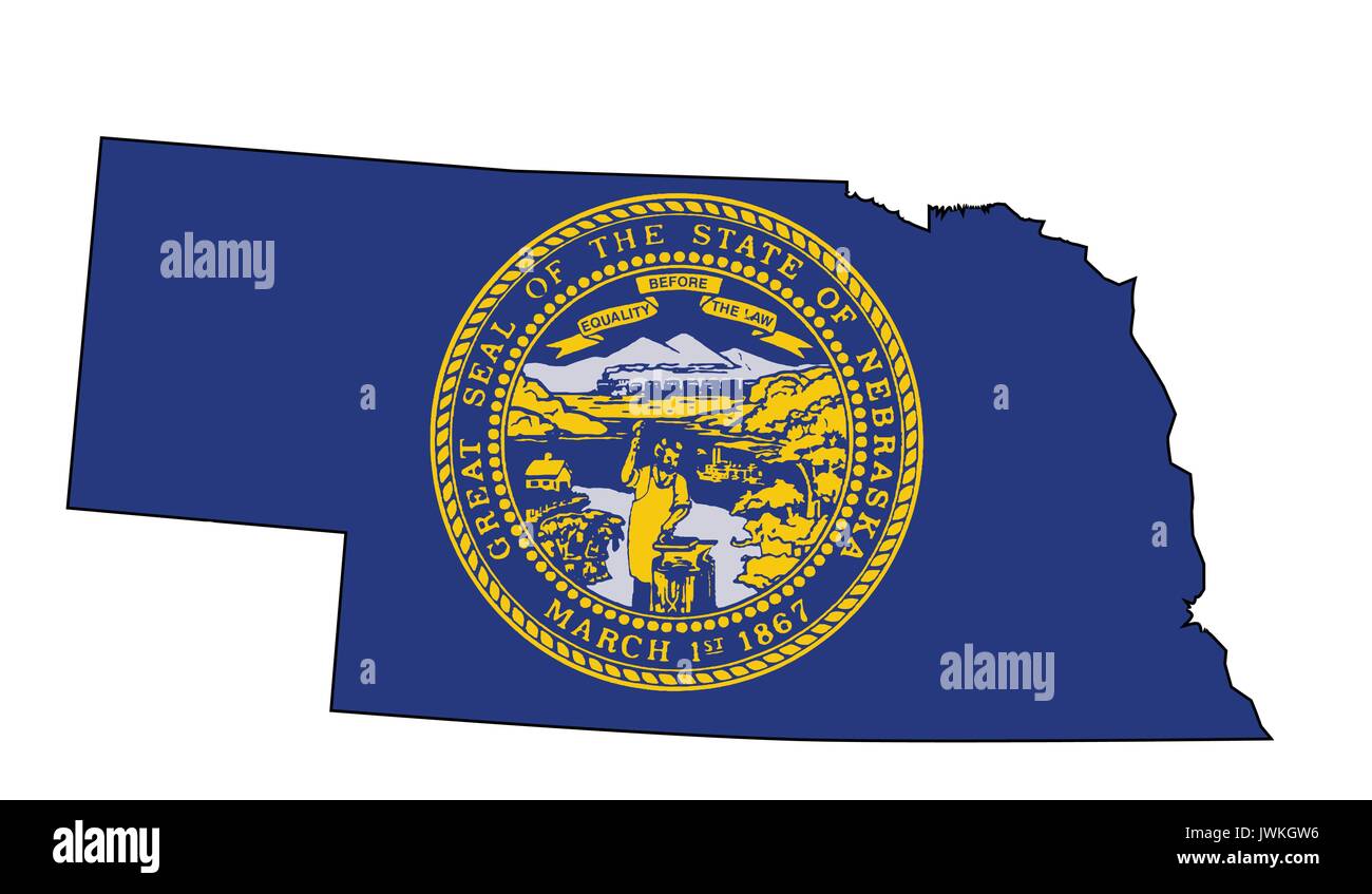 Outline of the US state of nebraska over a white background woth flag ...