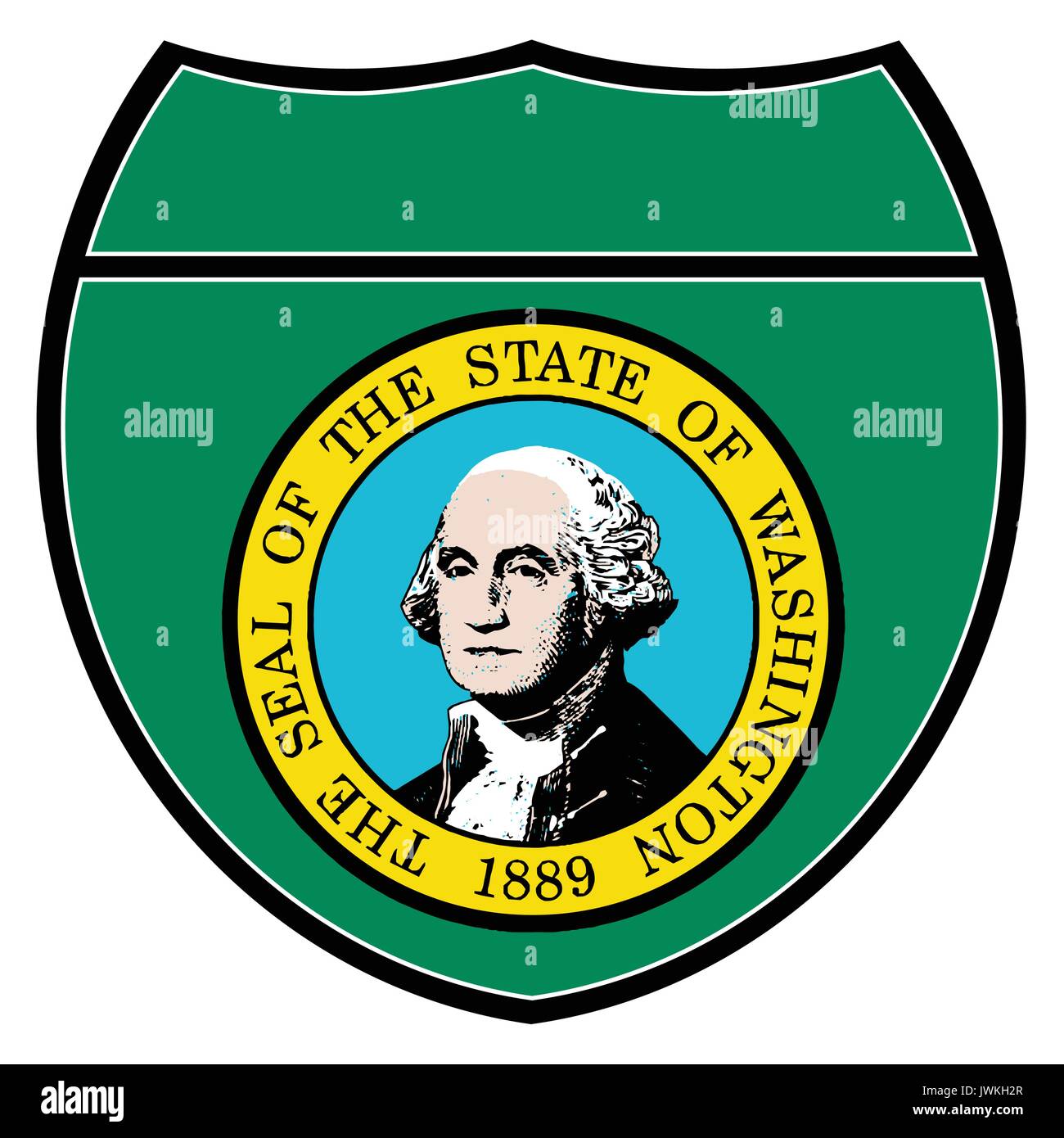 Washington state flag in an interstate sign over a white background ...