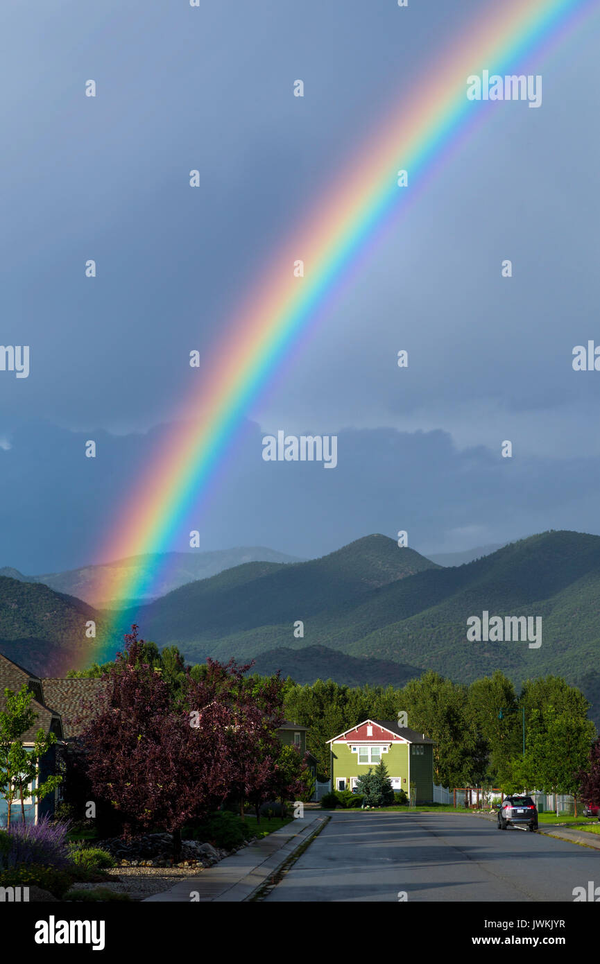 Rainbow over the small mountain town of Salida, Colorado, USA Stock ...