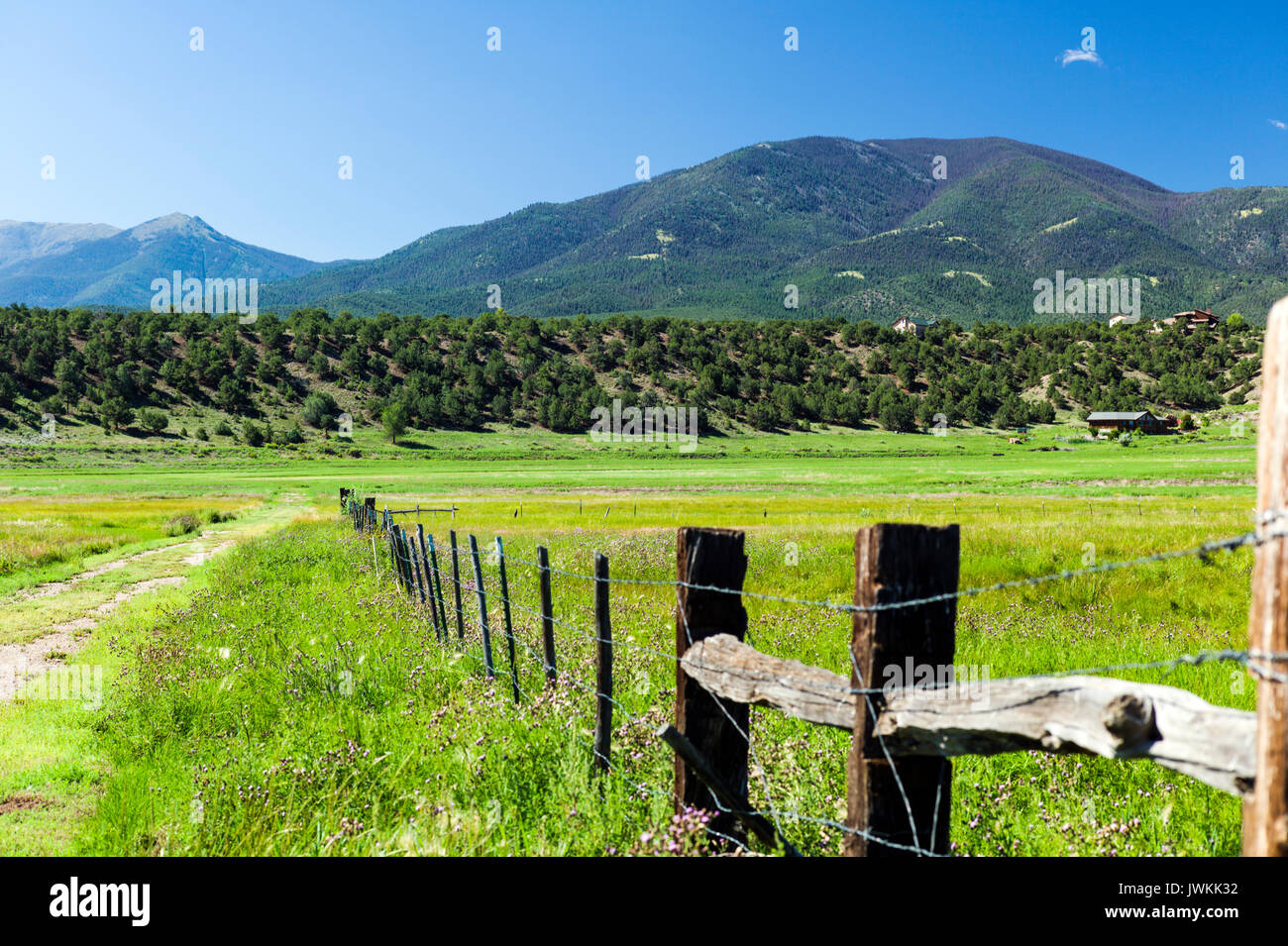 Pasture, barbed wire fence & Methodist Mountain; Vandaveer Ranch ...