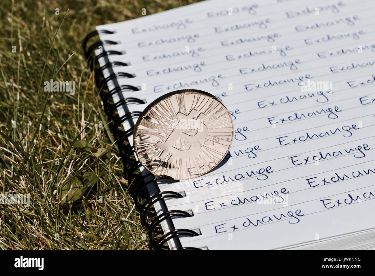 Digital currency physical metal bitcoin coin on the notebook with ...