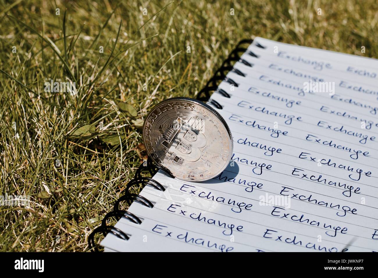 Digital currency physical metal bitcoin coin on the notebook with ...