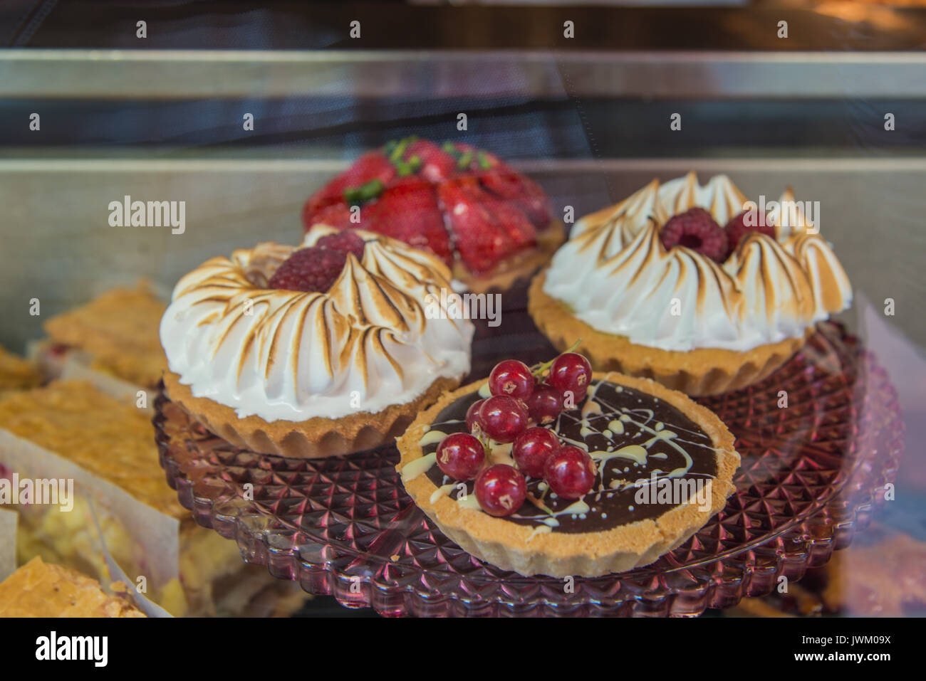 European Tarts in Bakery Window Stock Photo - Alamy