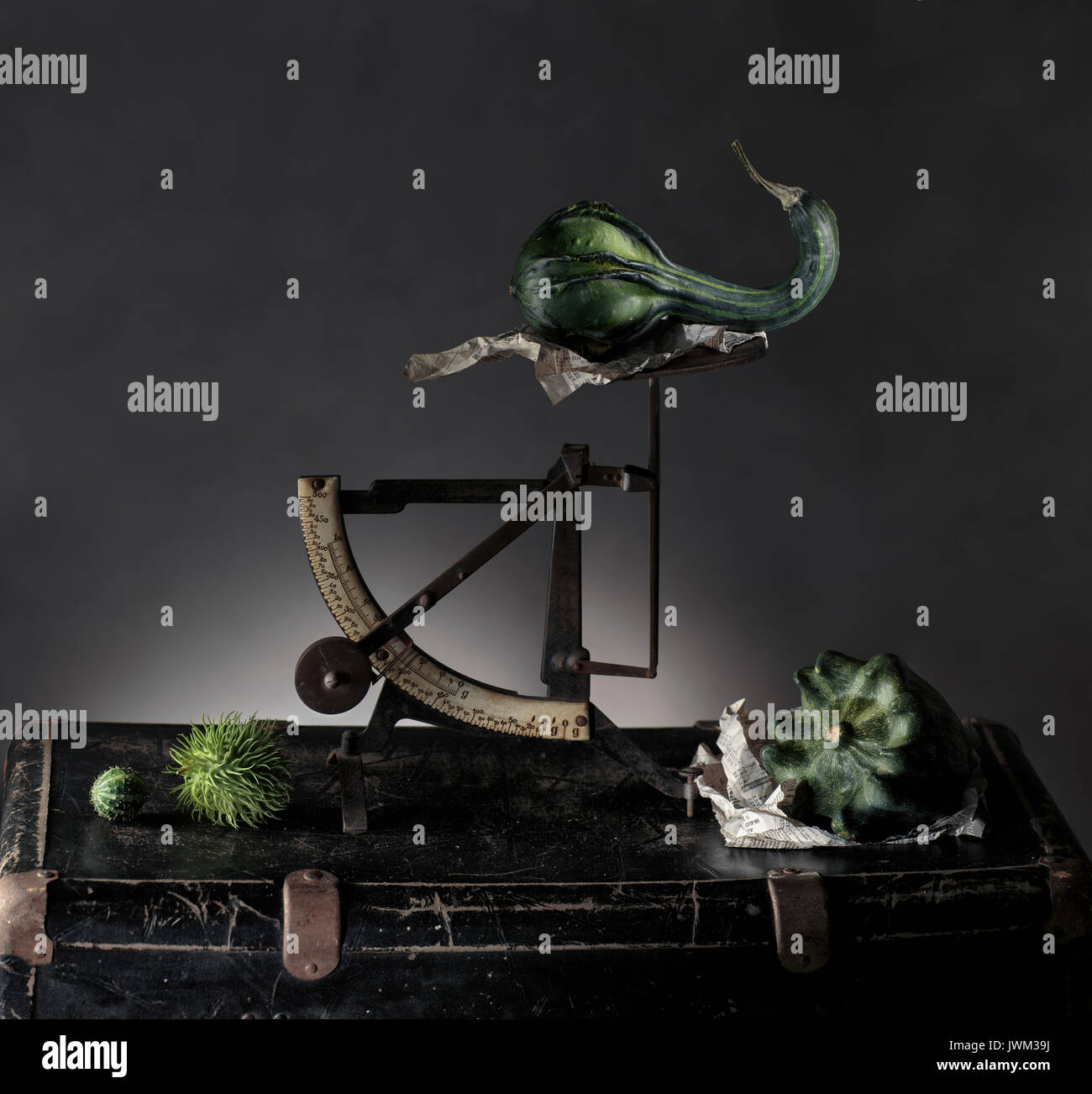 Retro Still Life with Pumpkin and old weigh scale Stock Photo - Alamy