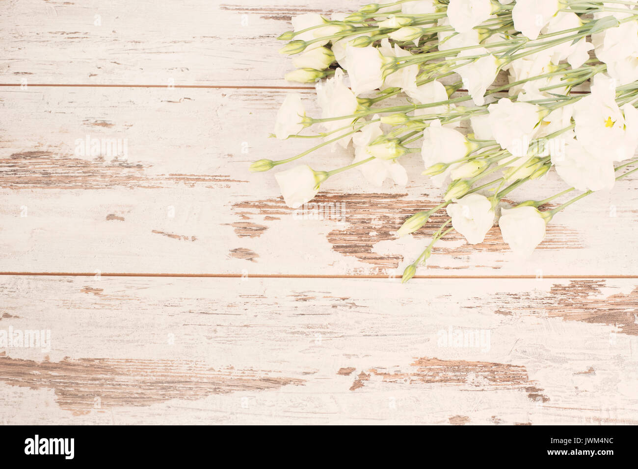 Stunning fresh bouquet of white flowers on light rustic wooden ...