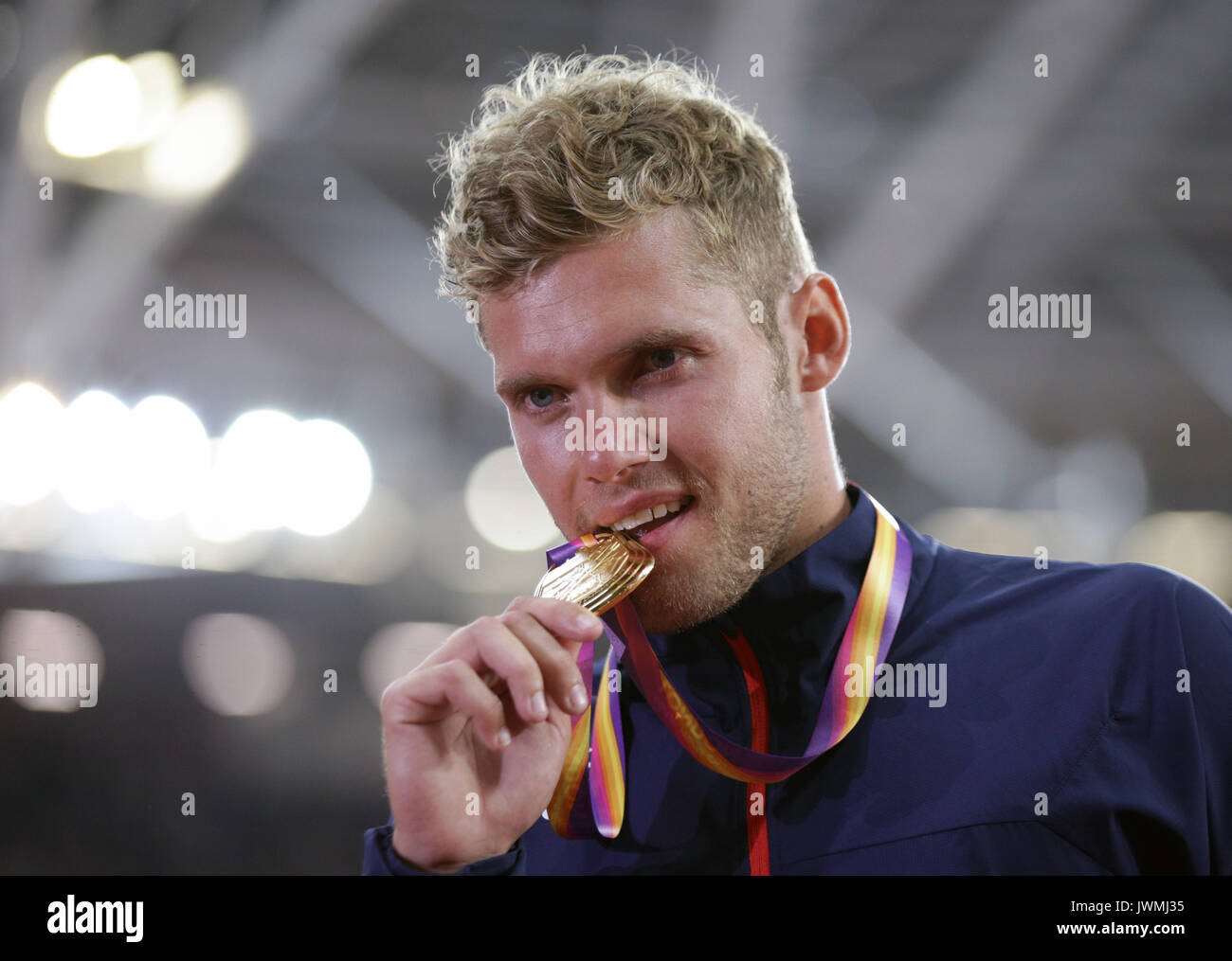 France's Kevin Mayer on the podium after winning gold in the Men's ...