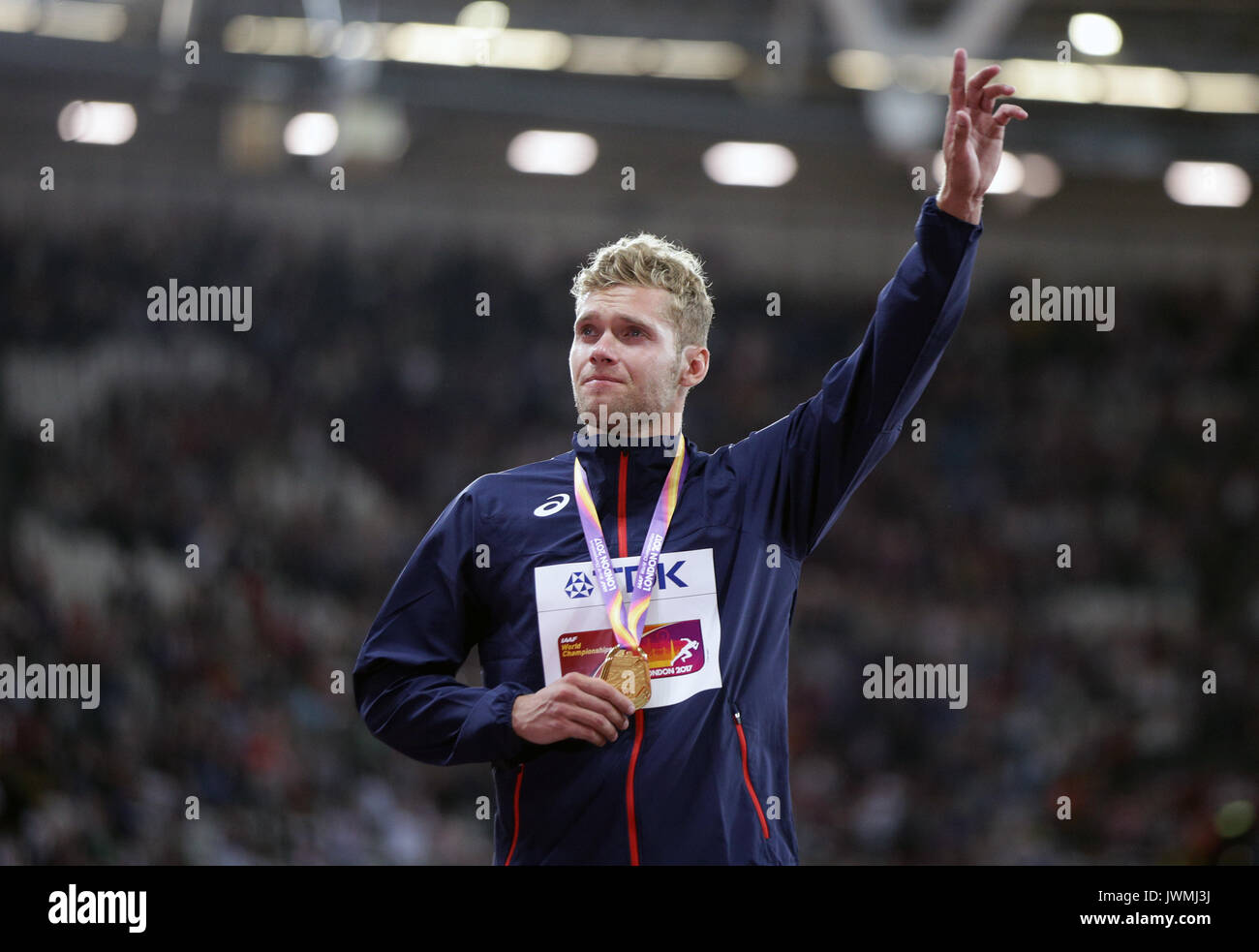 France's Kevin Mayer on the podium after winning gold in the Men's ...
