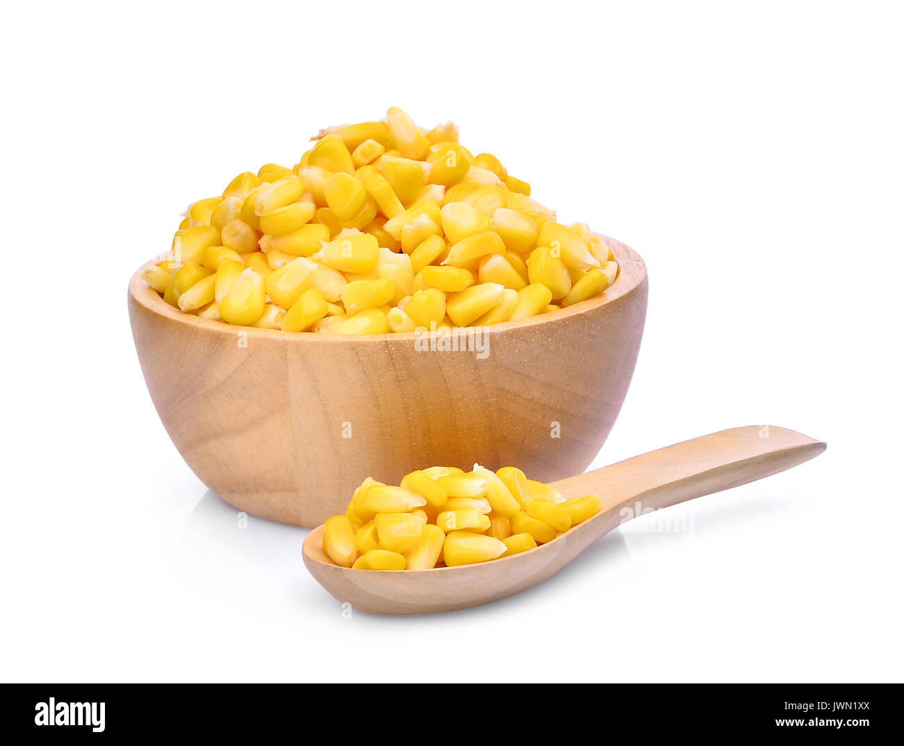 sweet corn in wooden bowl and spoon isolated on white background Stock ...