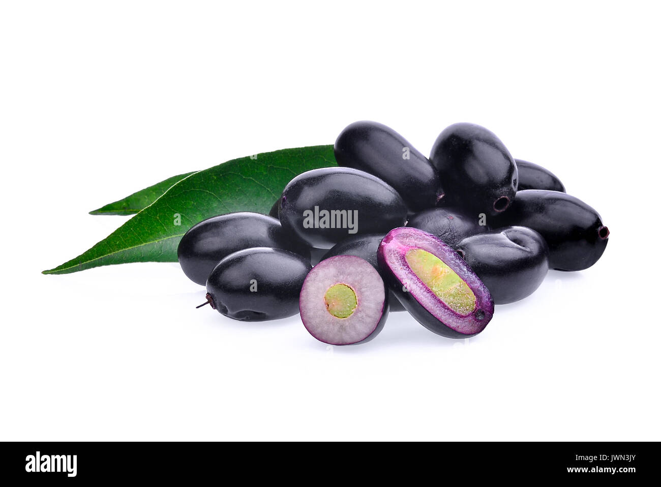 jambolan plum or Java plum with green leaves isolated on white ...