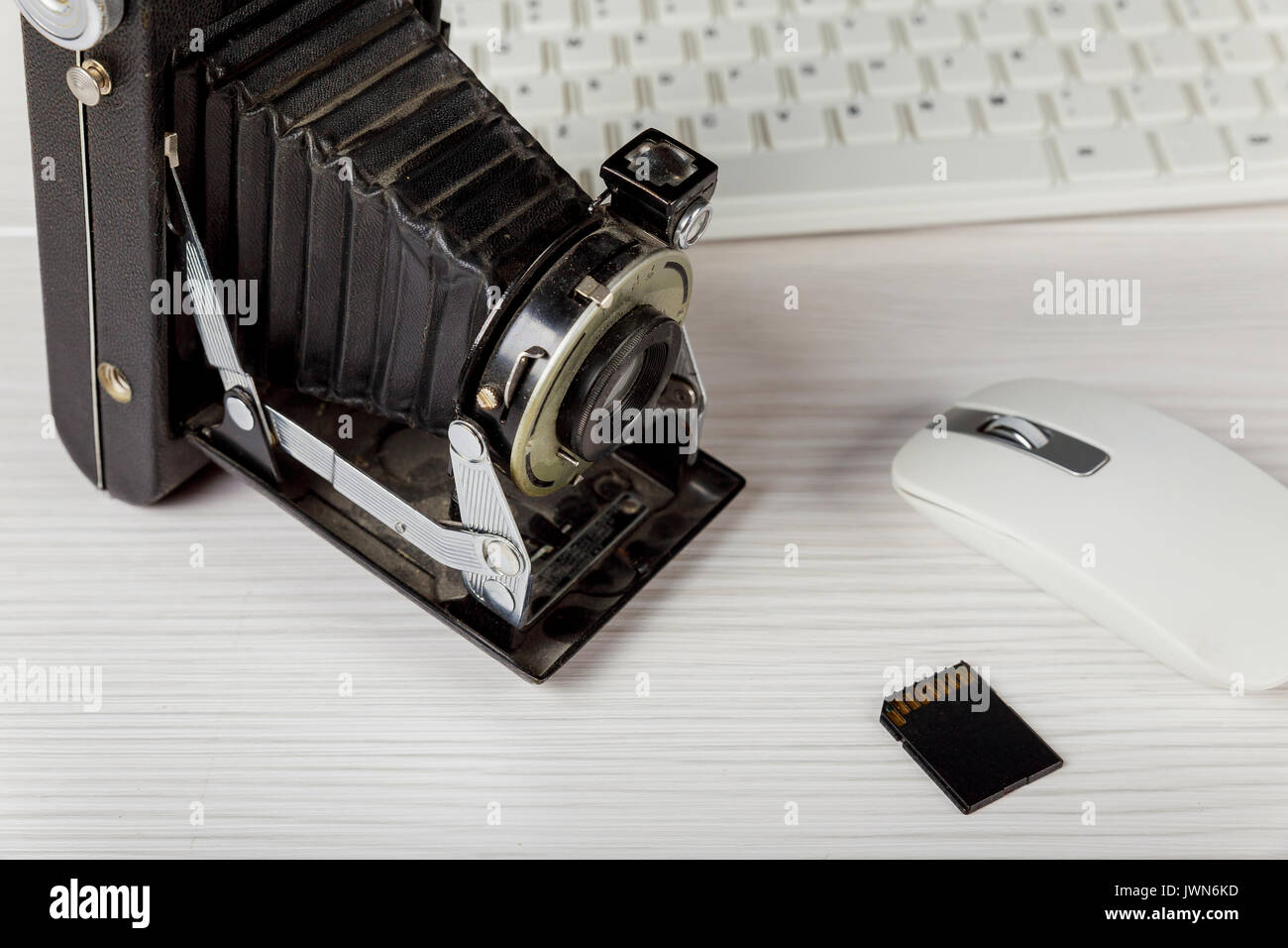 Old camera flash card keyboard top view for workplace photographer ...