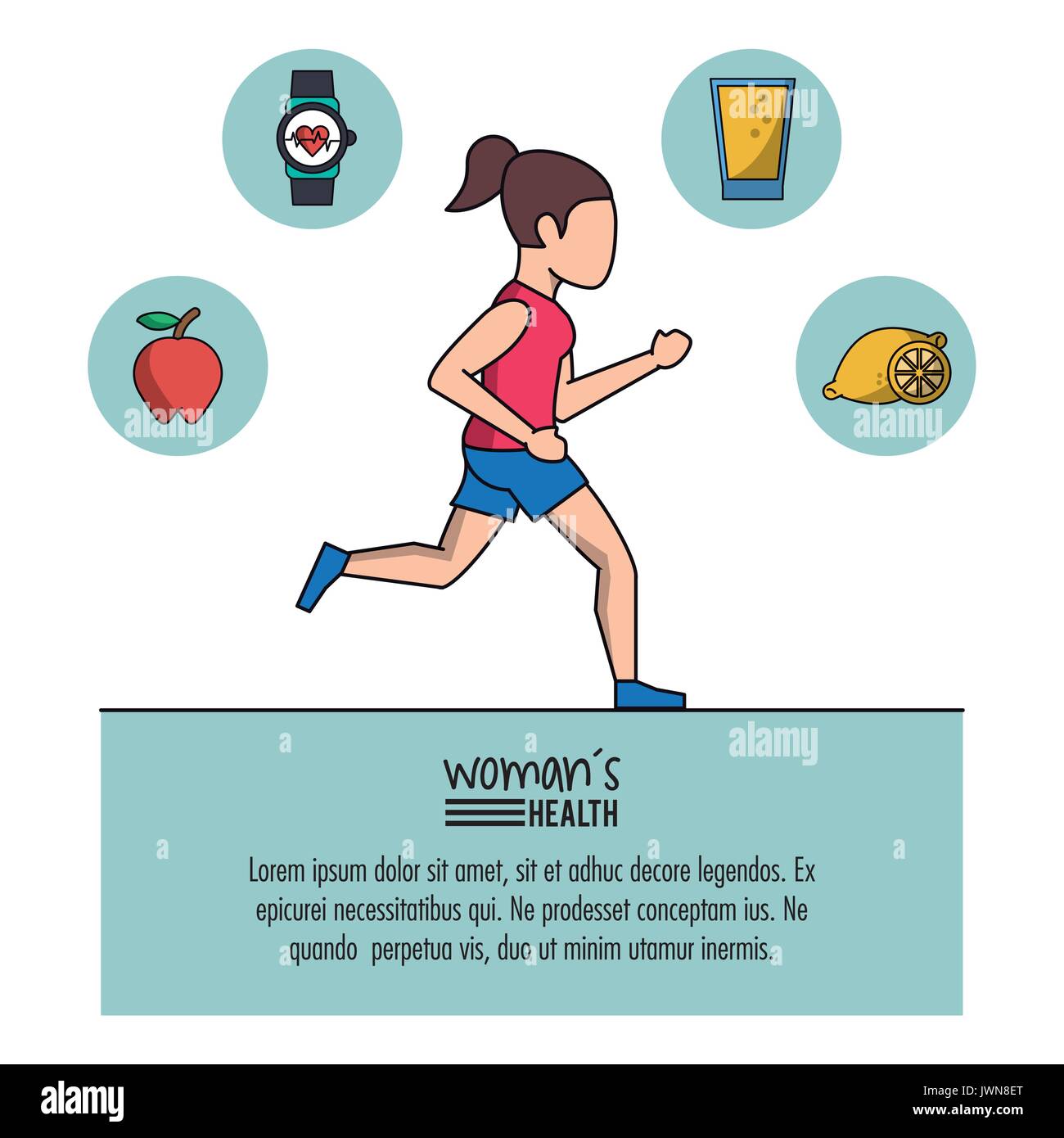 white background of poster woman health with woman running and icons on ...