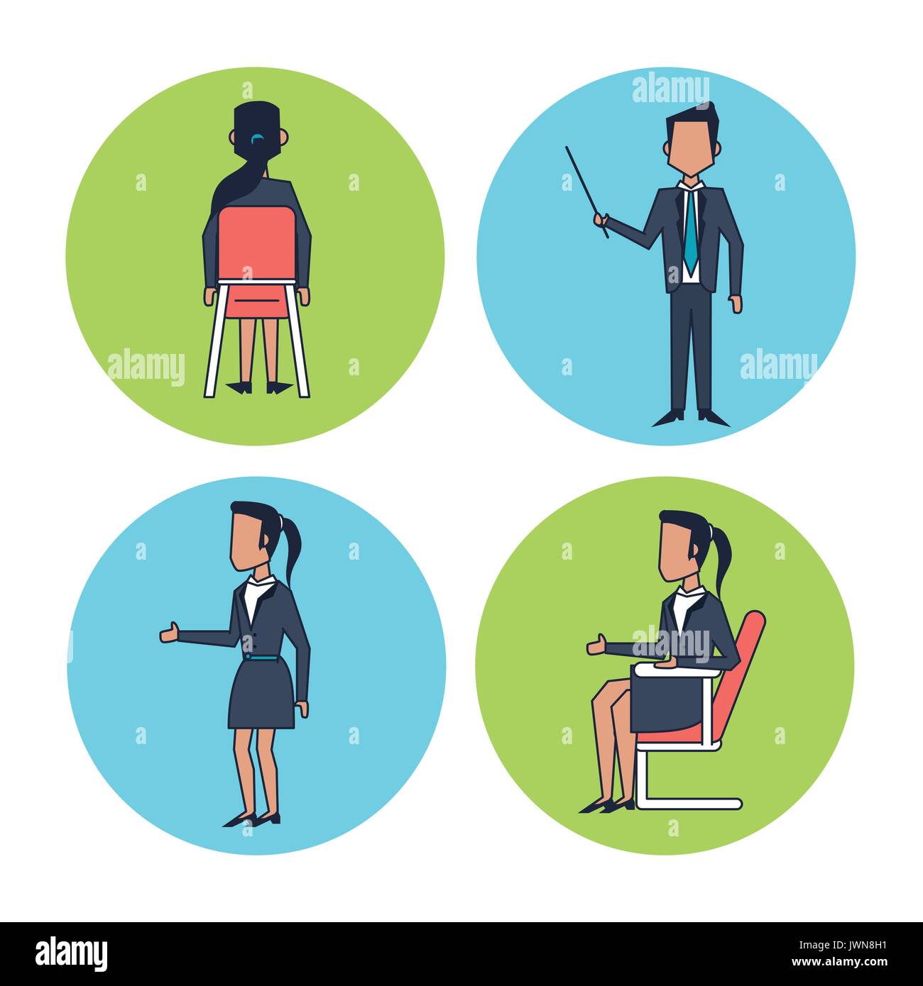white background with colorful circle frames of corporate business men ...