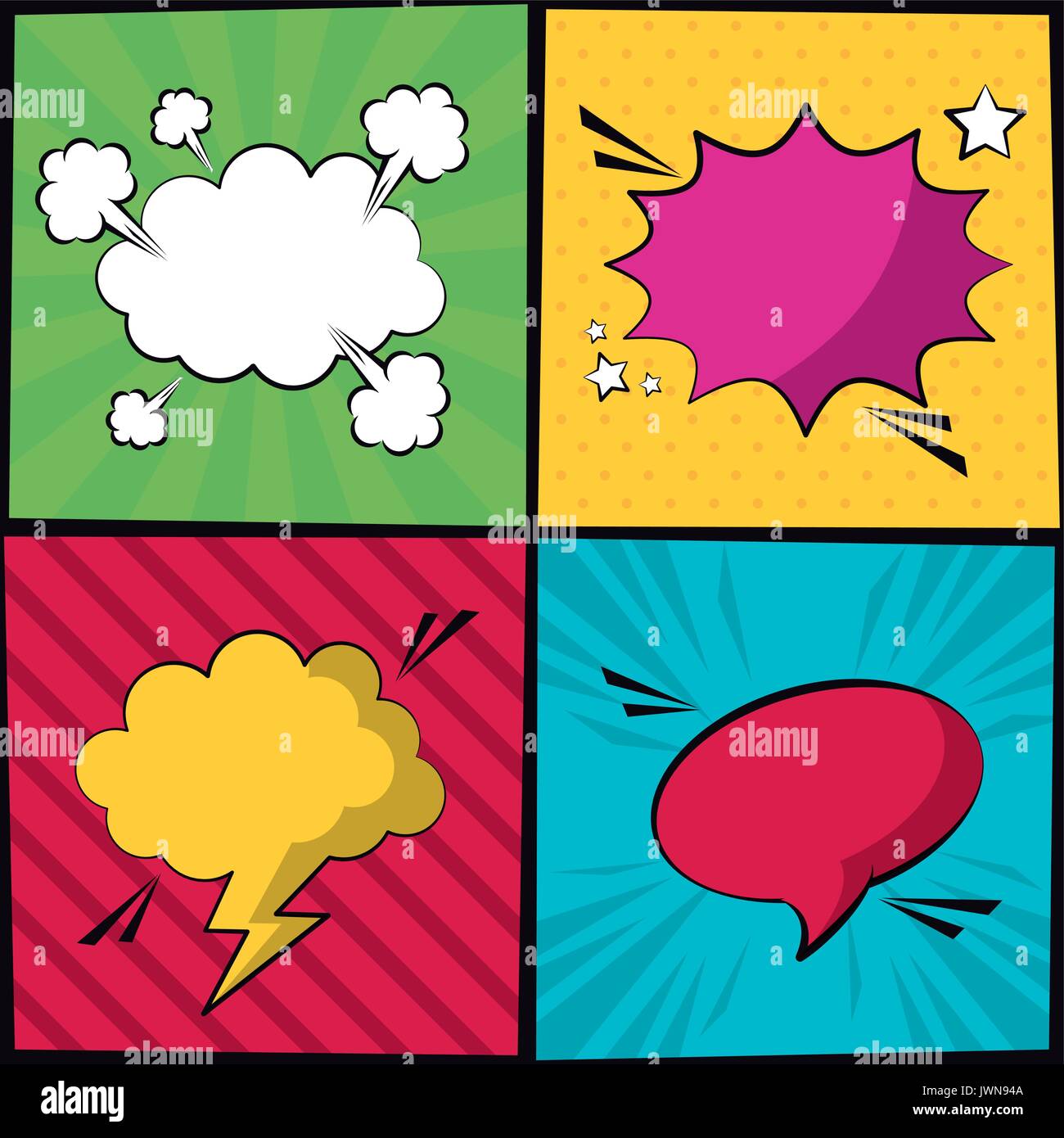 multicolored square banner in pop art style with stripes and dialog ...