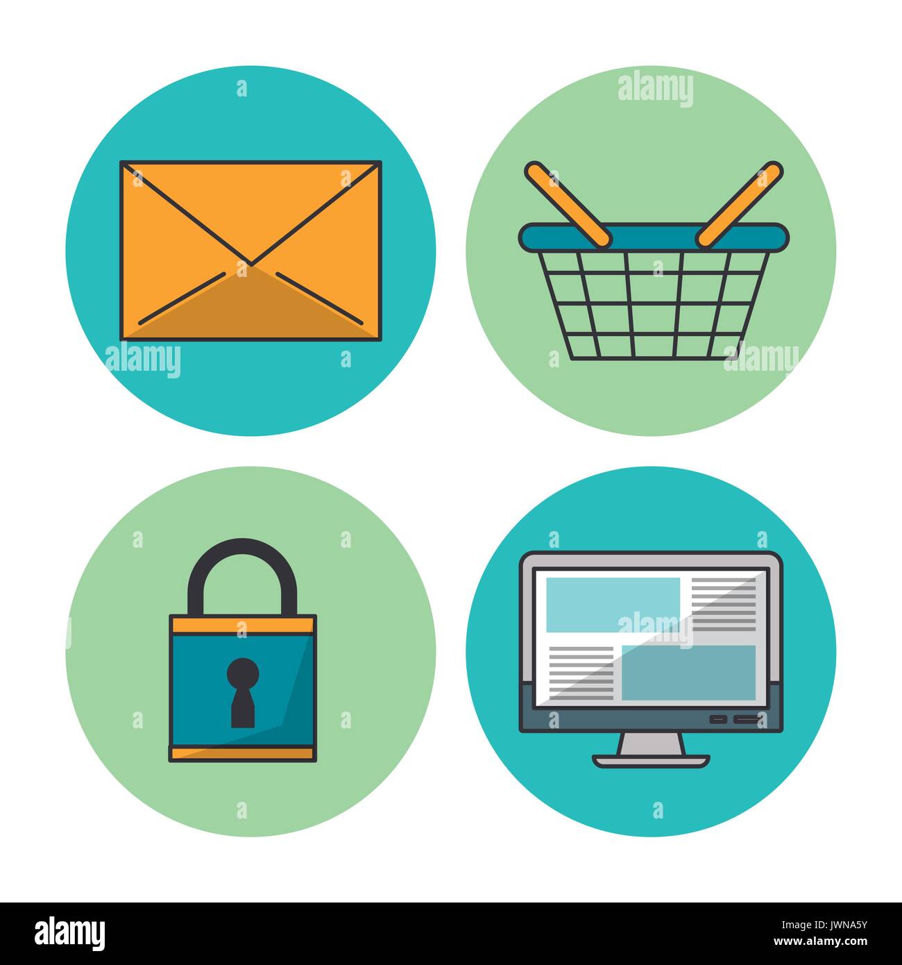 white background with colorful circular frames with icons of e-commerce ...