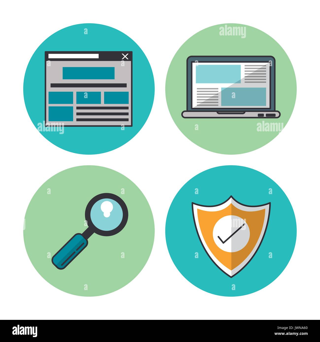 white background with colorful circular frames with icons of e-commerce ...