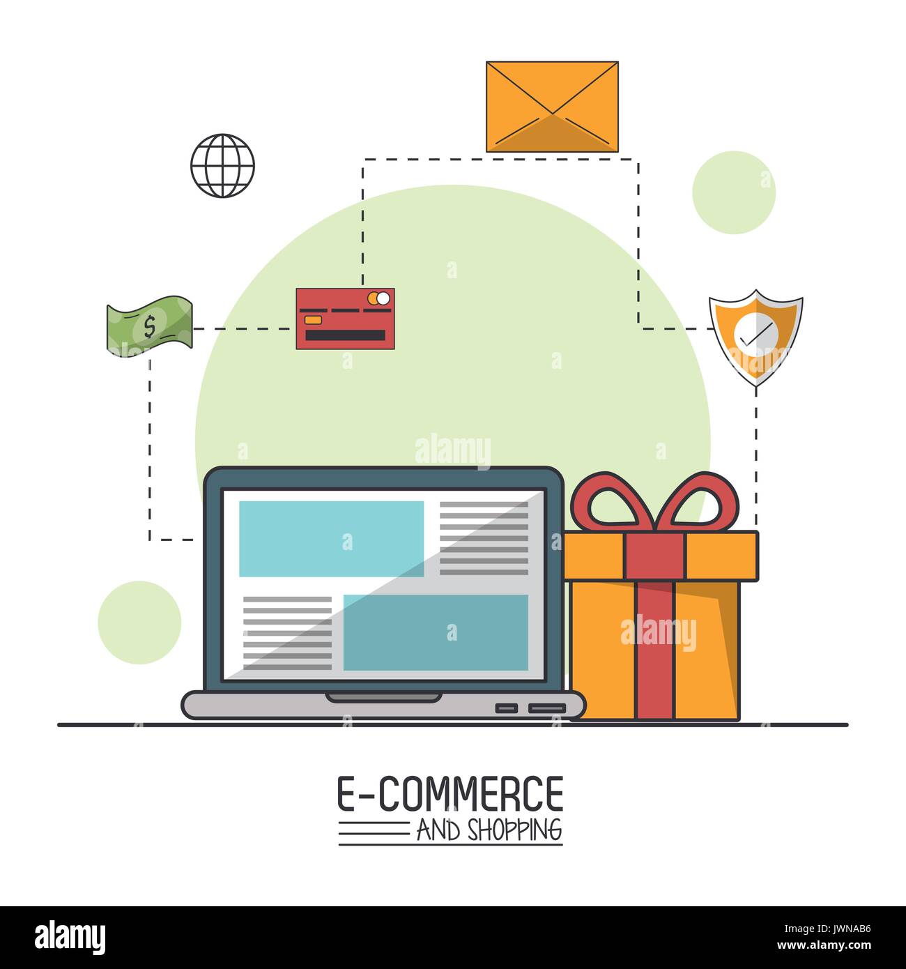 colorful poster of e-commerce and shopping with laptop computer and ...