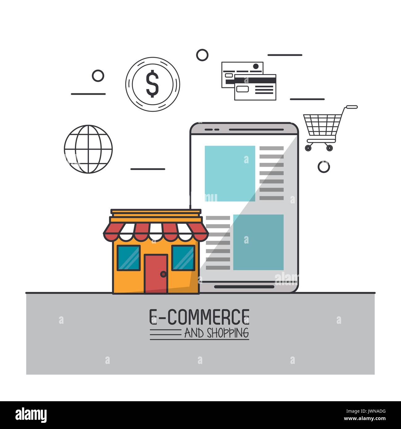 colorful poster of e-commerce and shopping with store and smartphone ...