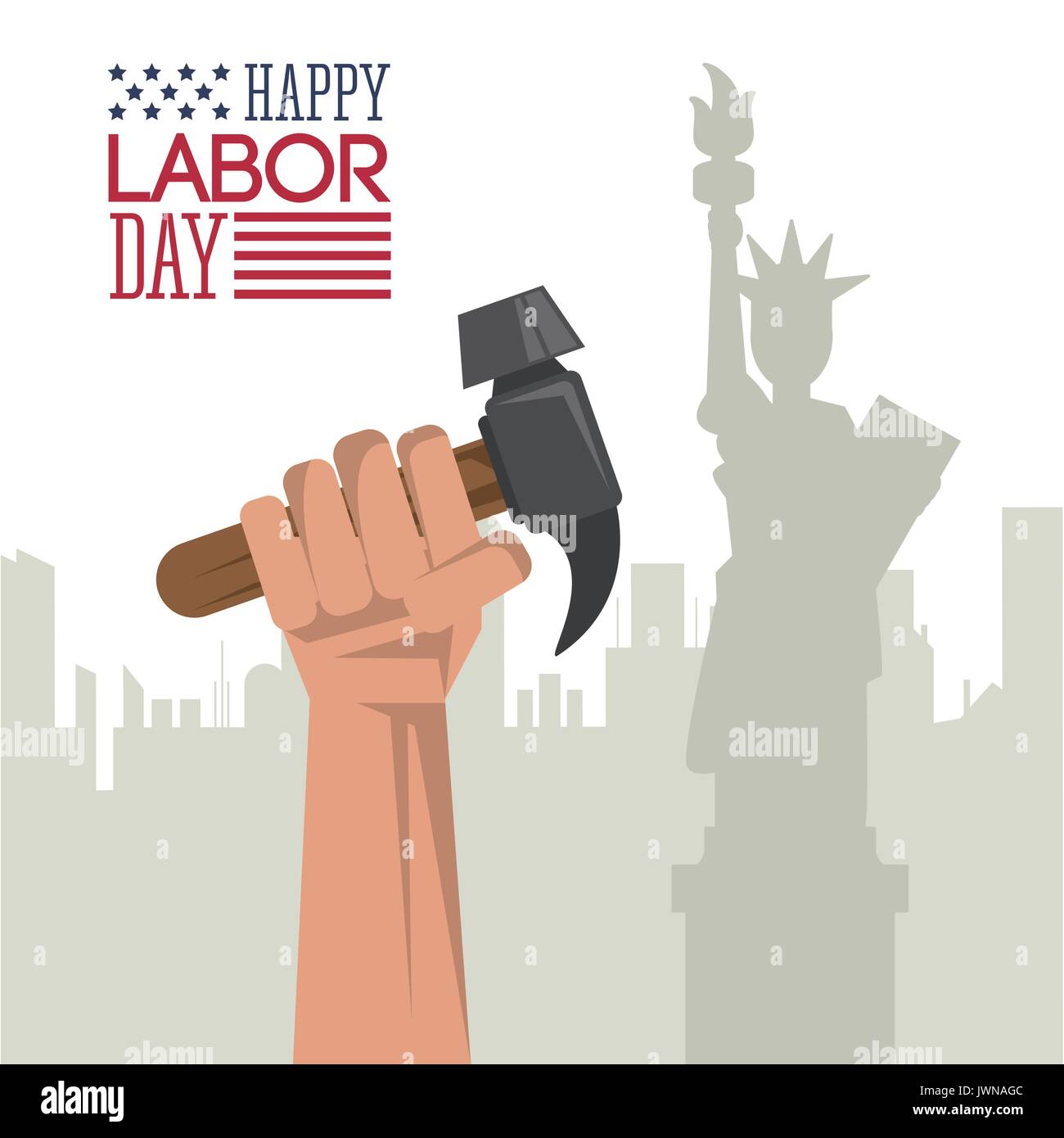 colorful poster of happy labor day with hand holding hammer and statue ...