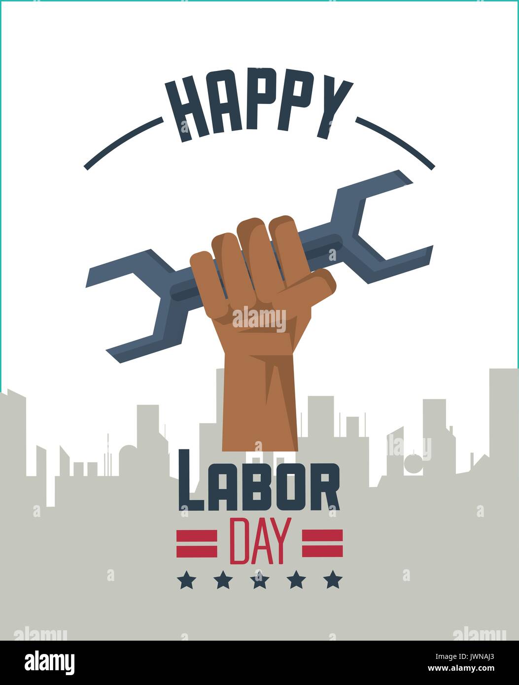 colorful poster of happy labor day with silhouette of city and hand ...