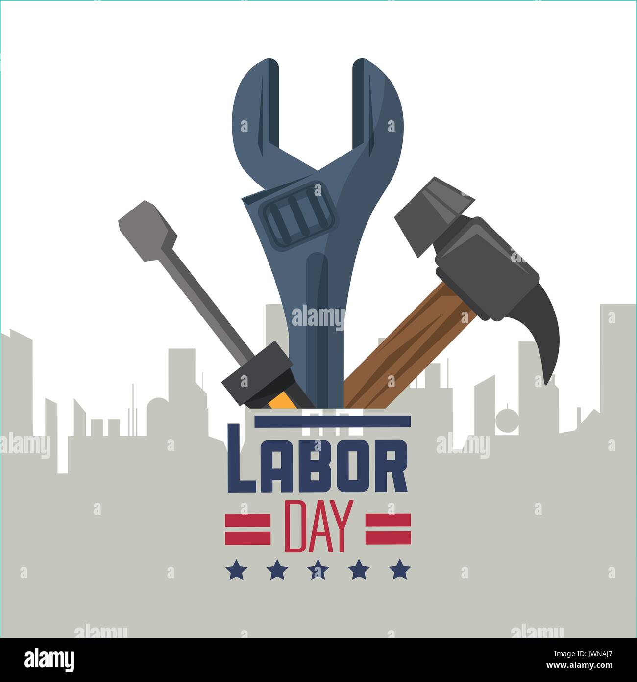 colorful poster of happy labor day with silhouette of city and tools ...