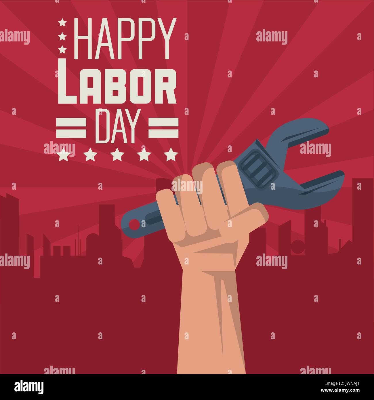 colorful poster of happy labor day with red silhouette of city in ...