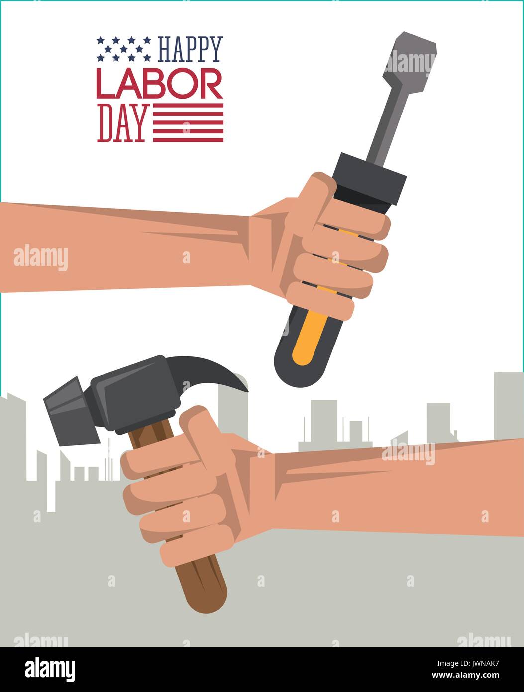 colorful poster of happy labor day with silhouette of city in ...