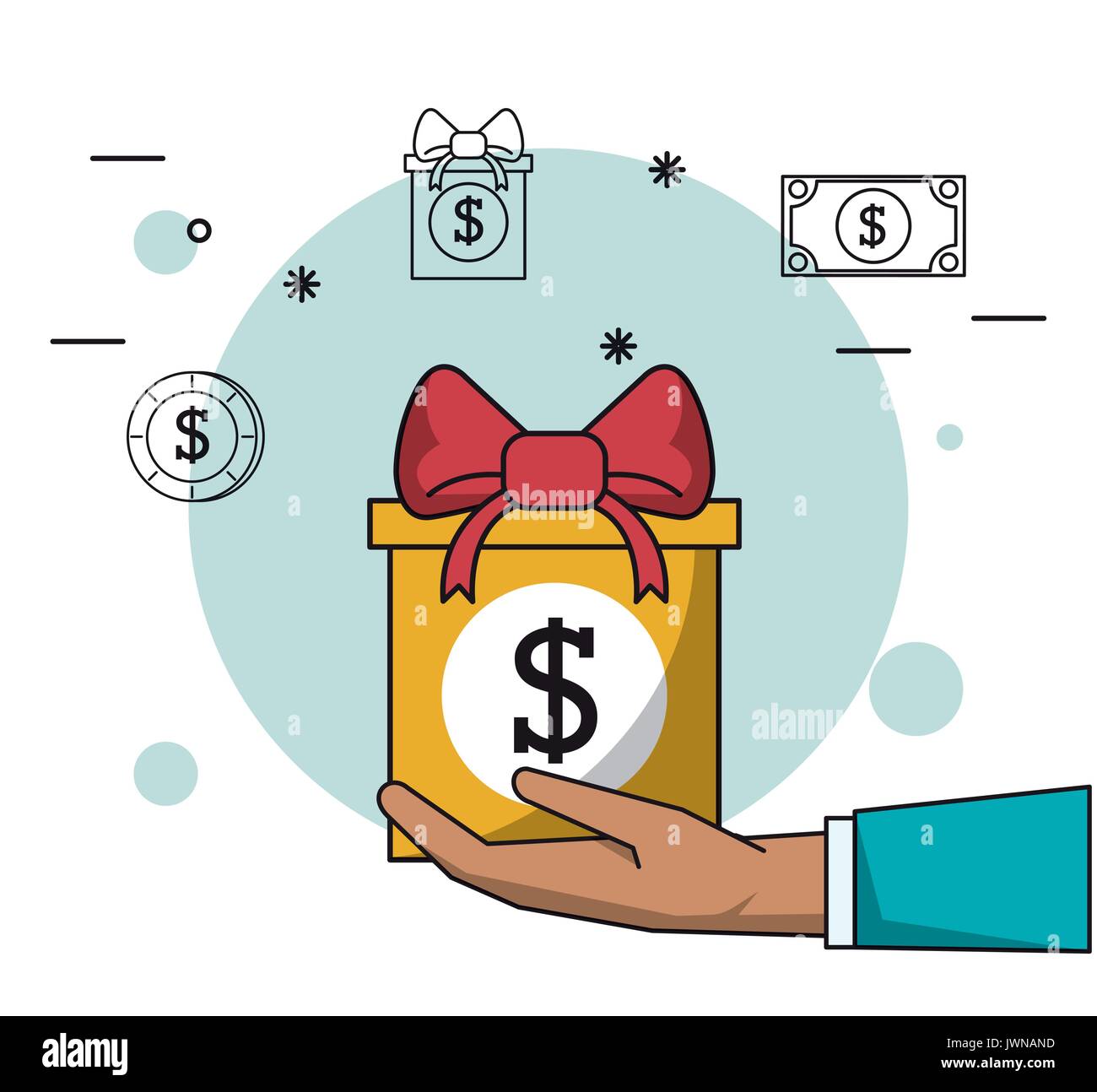 colorful background of hand holding up gift box with money symbol Stock ...