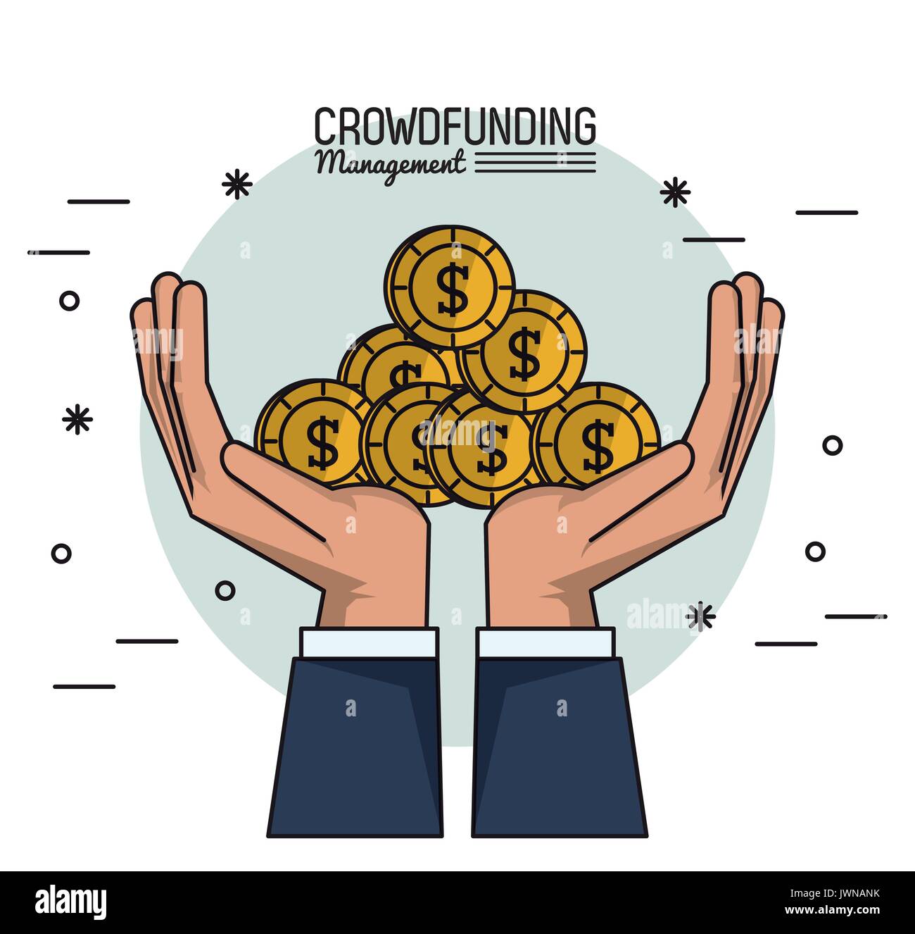 colorful poster of crowd funding management of hands with many coins ...