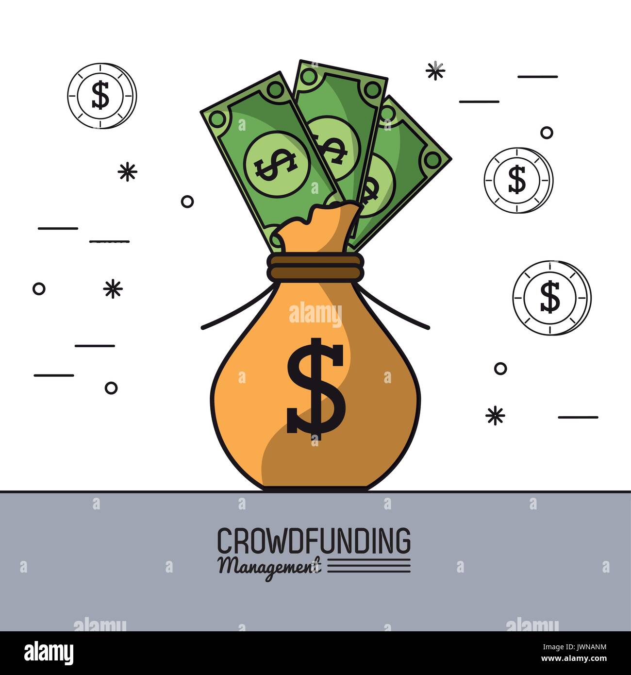 colorful poster of crowd funding management with bag full of dollar ...