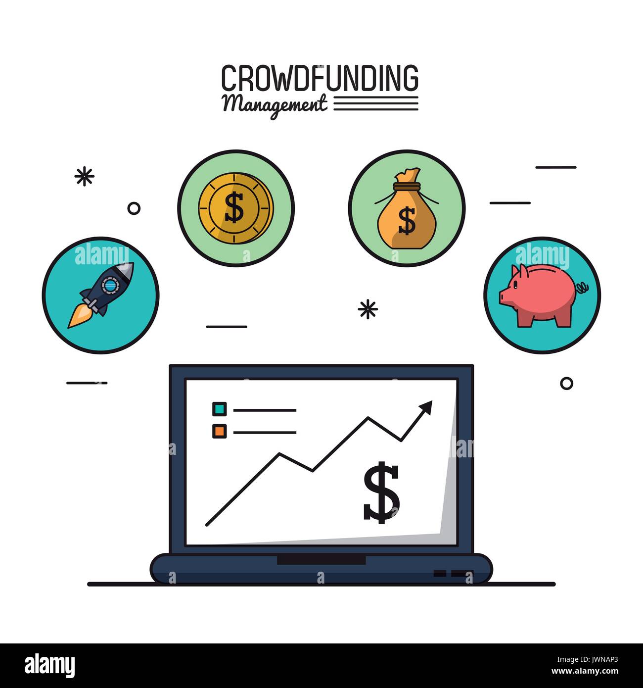 colorful poster of crowd funding management with laptop computer and ...