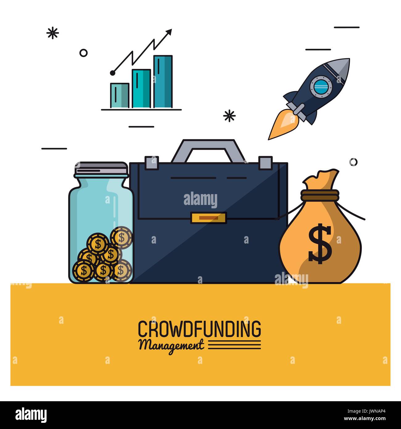 colorful poster of crowd funding management with executive briefcase ...