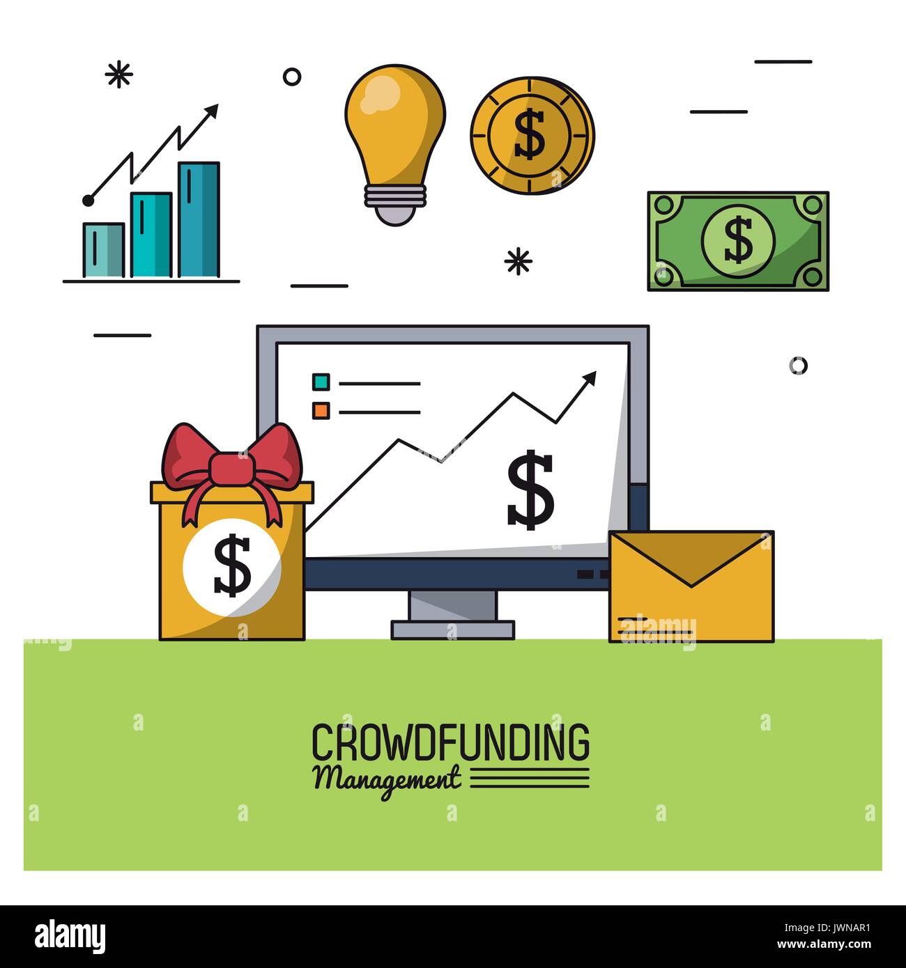 colorful poster of crowd funding management with desktop computer and ...