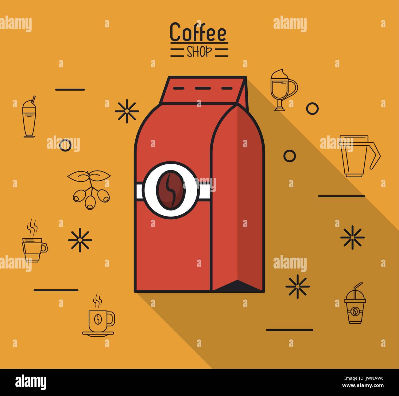 colorful poster of coffee shop with bag of ground coffee in yellow ...