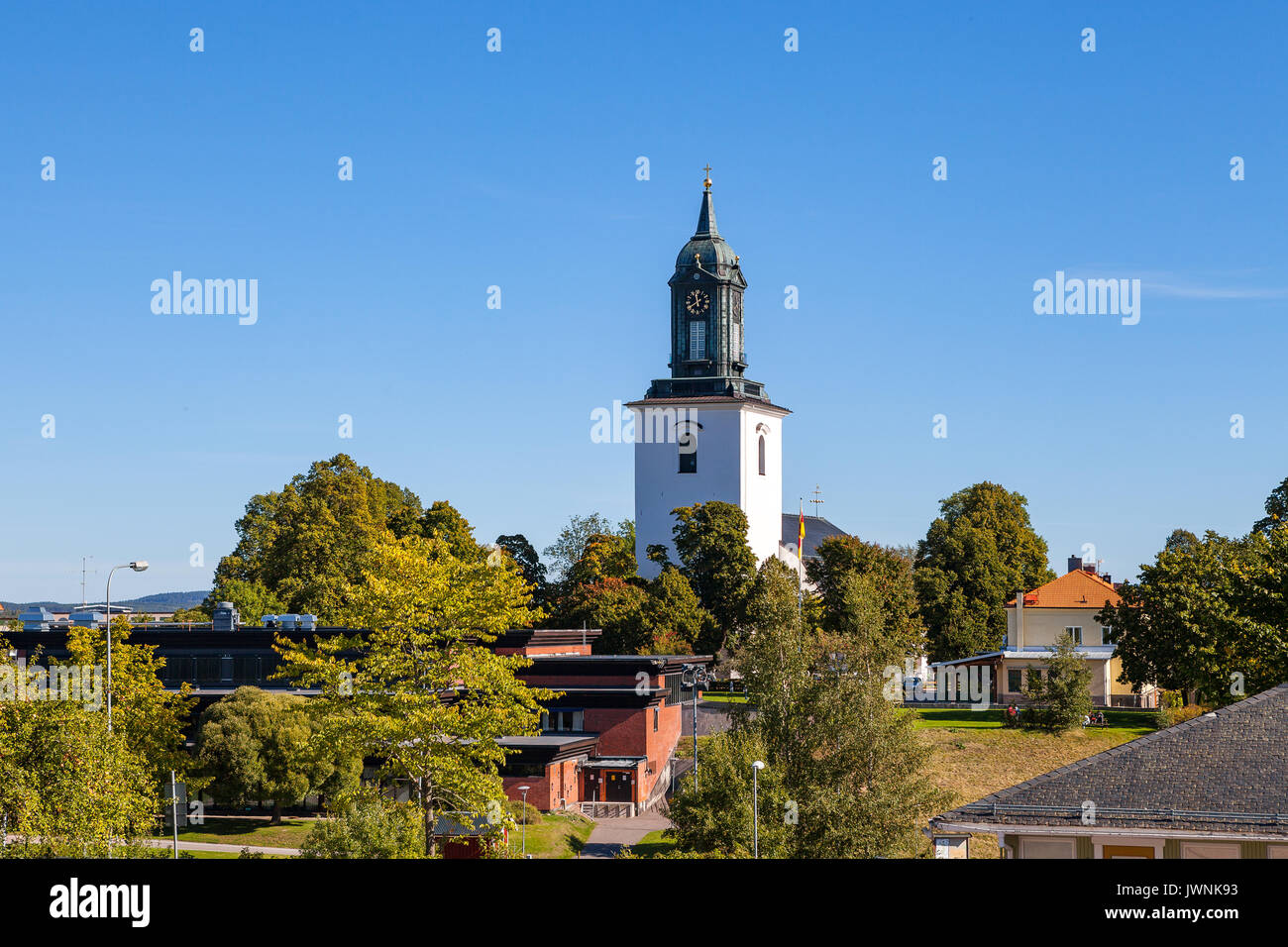 Lutheran church, white stone tower. Hedemora, Sweden Stock Photo - Alamy
