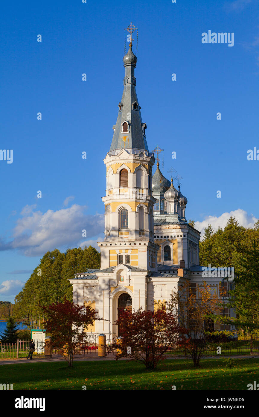Sunset landscape of beautiful Orthodox church on the meadow, fall time ...