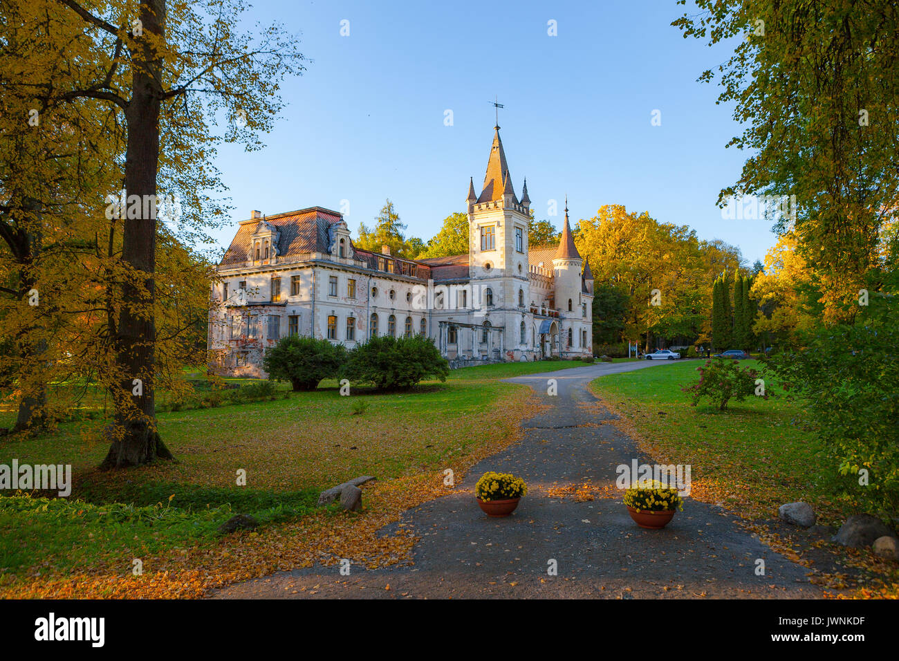 Old fairy-tale palace in Stameriena, Latvia. Fall time, bright colors ...