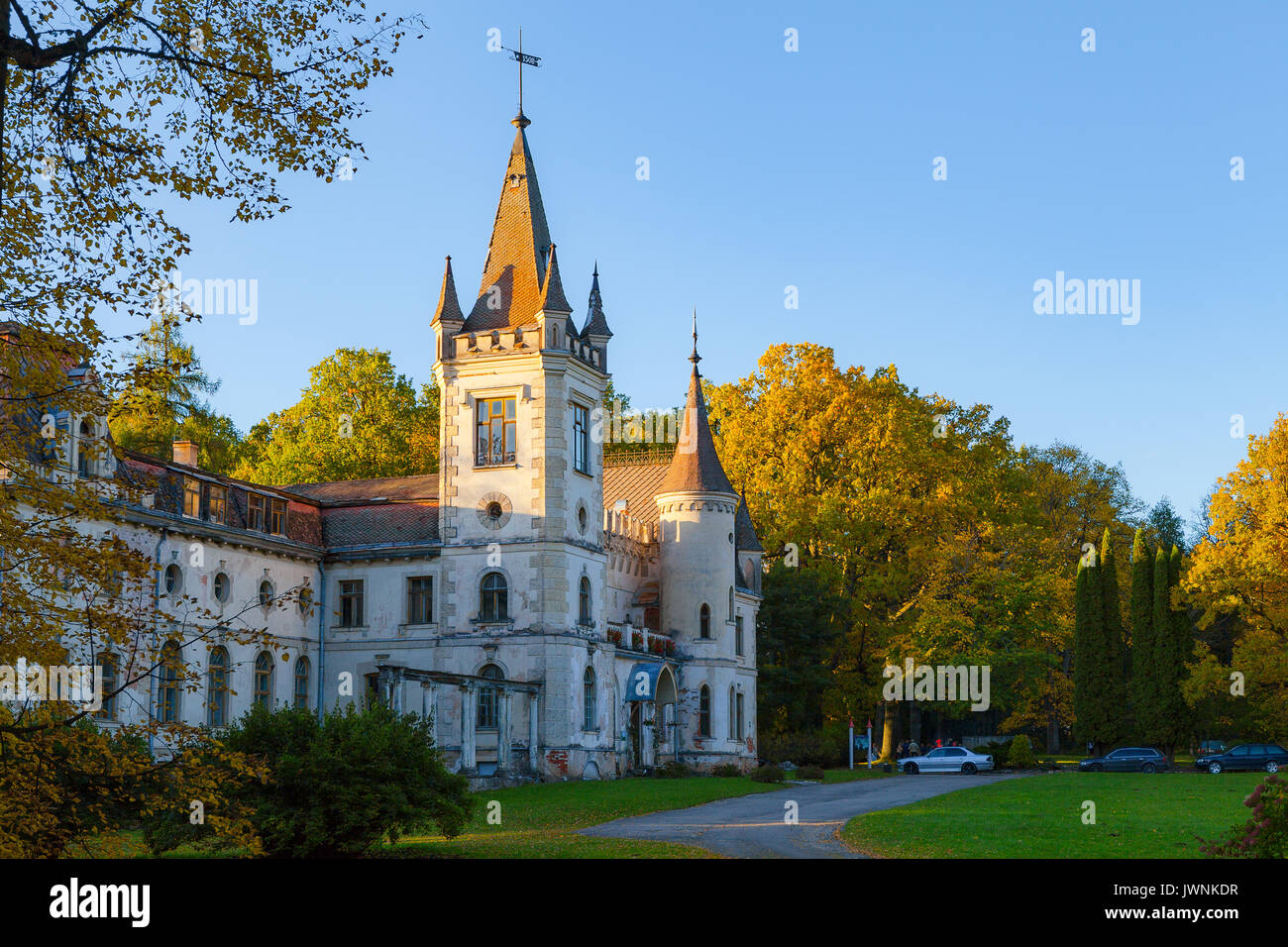 Old fairy-tale palace in Stameriena, Latvia. Fall time, bright colors ...