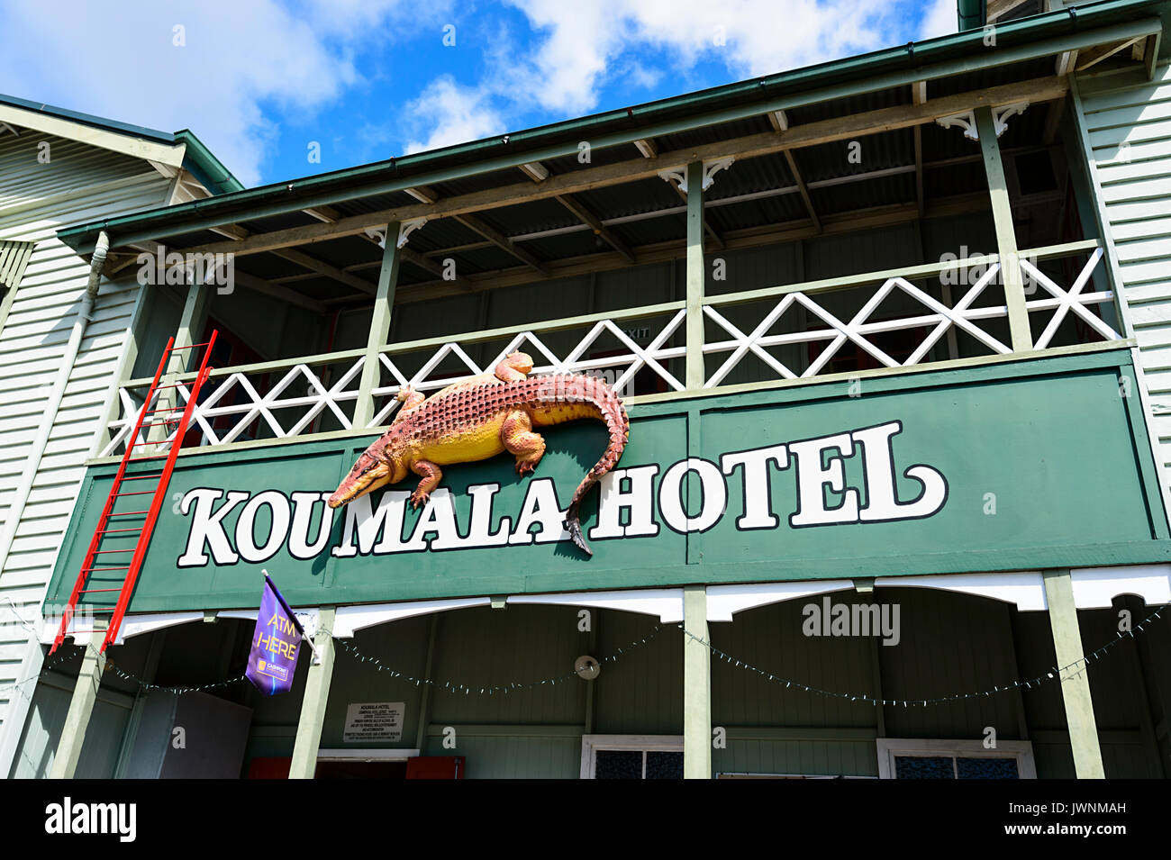 Koumala Hotel front decorated with a crocodile, Queensland, QLD ...