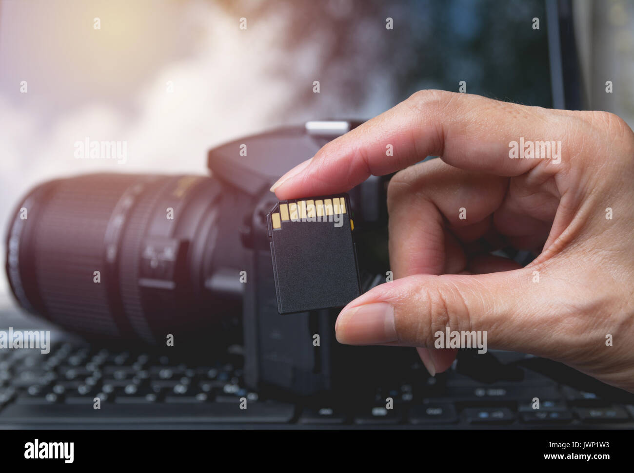 Photographer's hand holding memory card for preparing his camera before ...