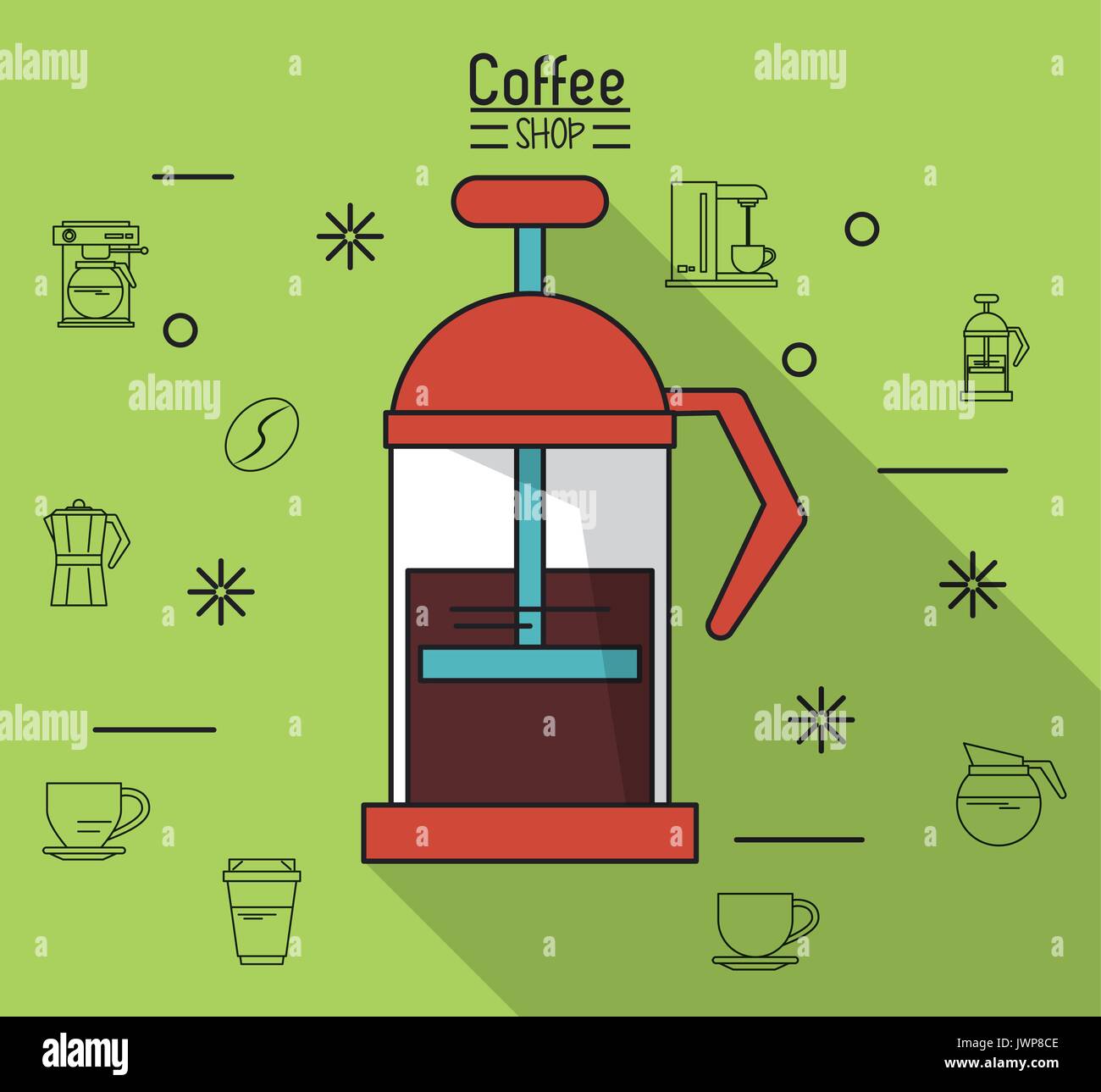 colorful poster of coffee shop with coffee maker in green background ...