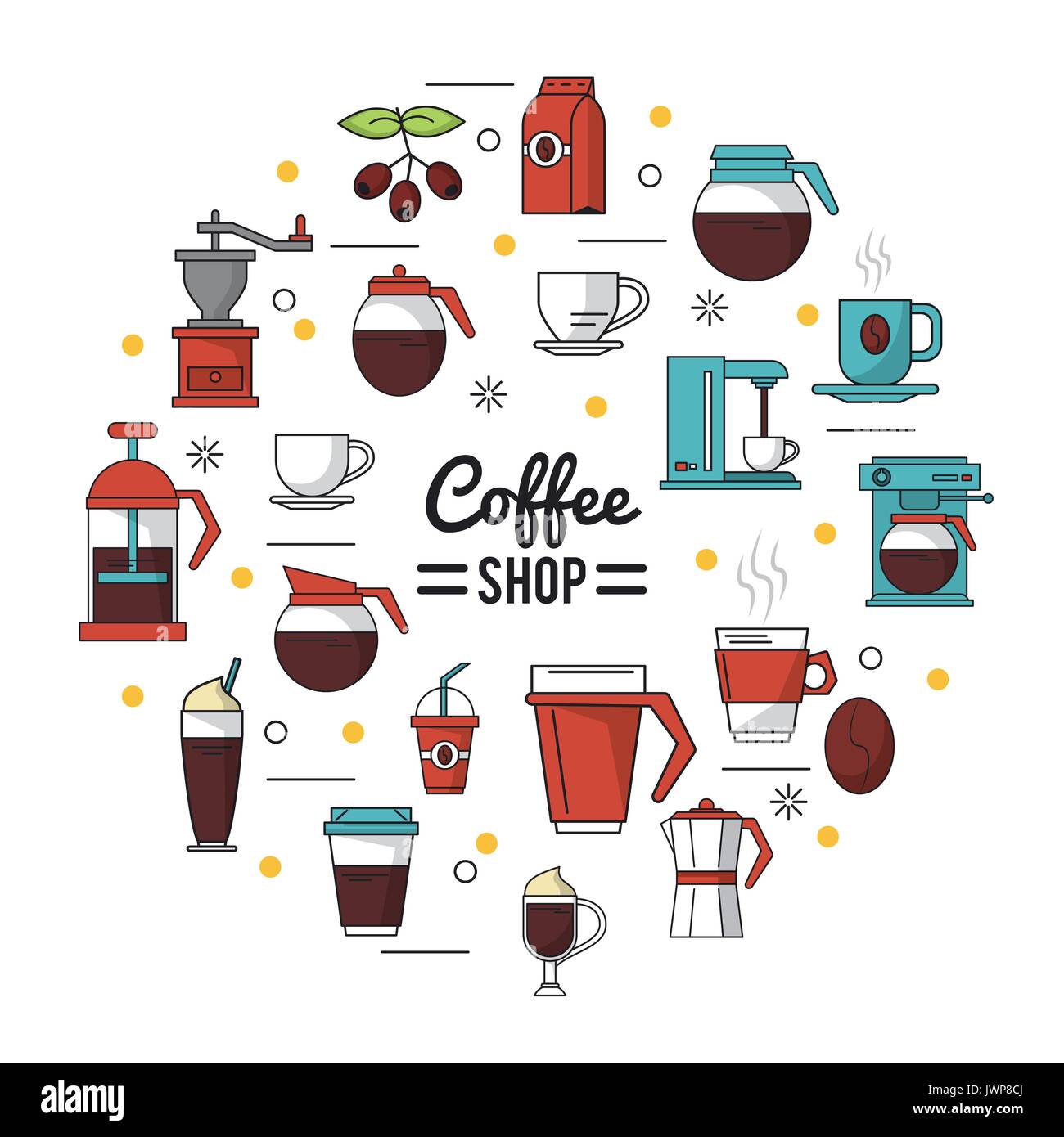 colorful poster of coffee shop with several icons related to coffee ...