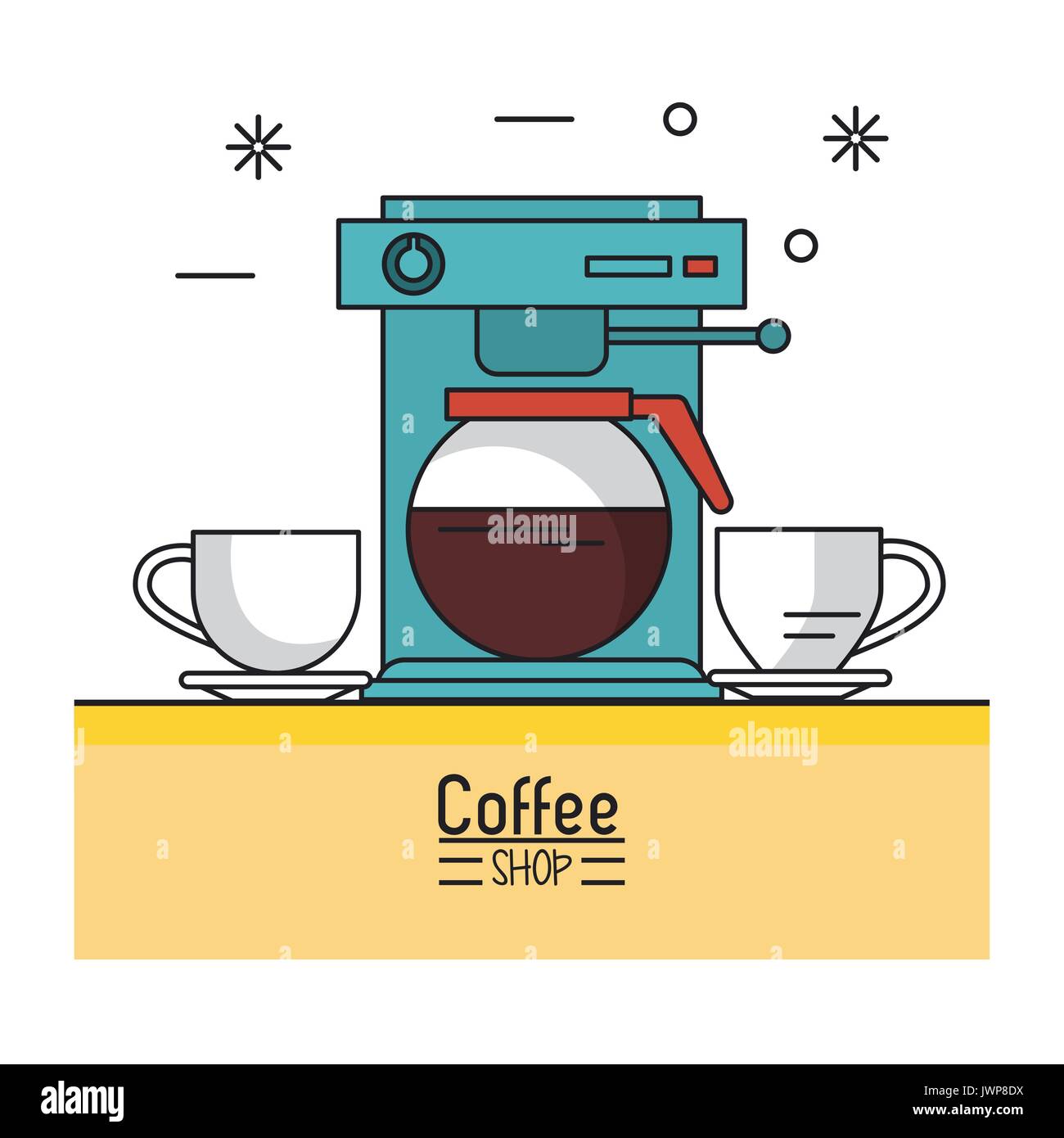 colorful poster of coffee shop with coffee maker and two porcelain cups ...