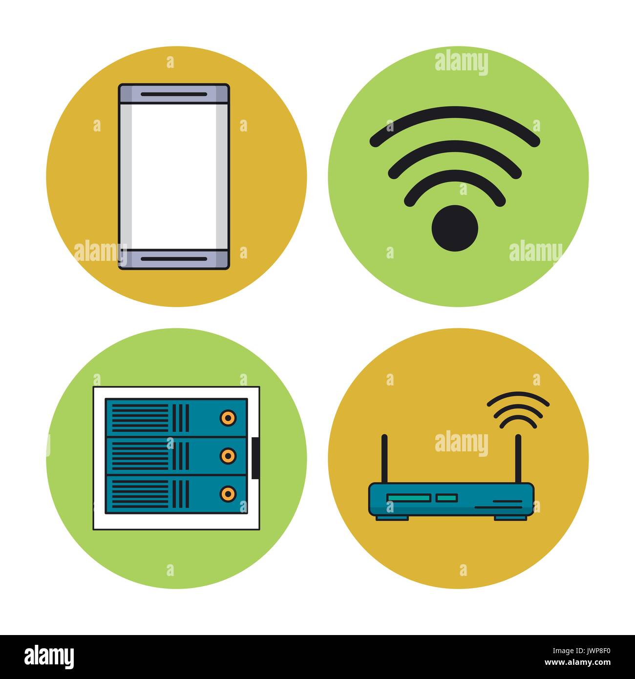 white background with colorful spheres with icons of smartphone and ...