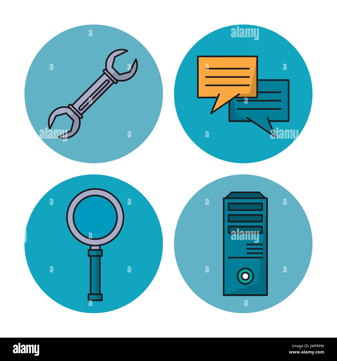 white background with colorful spheres with icons of tool wrench and ...