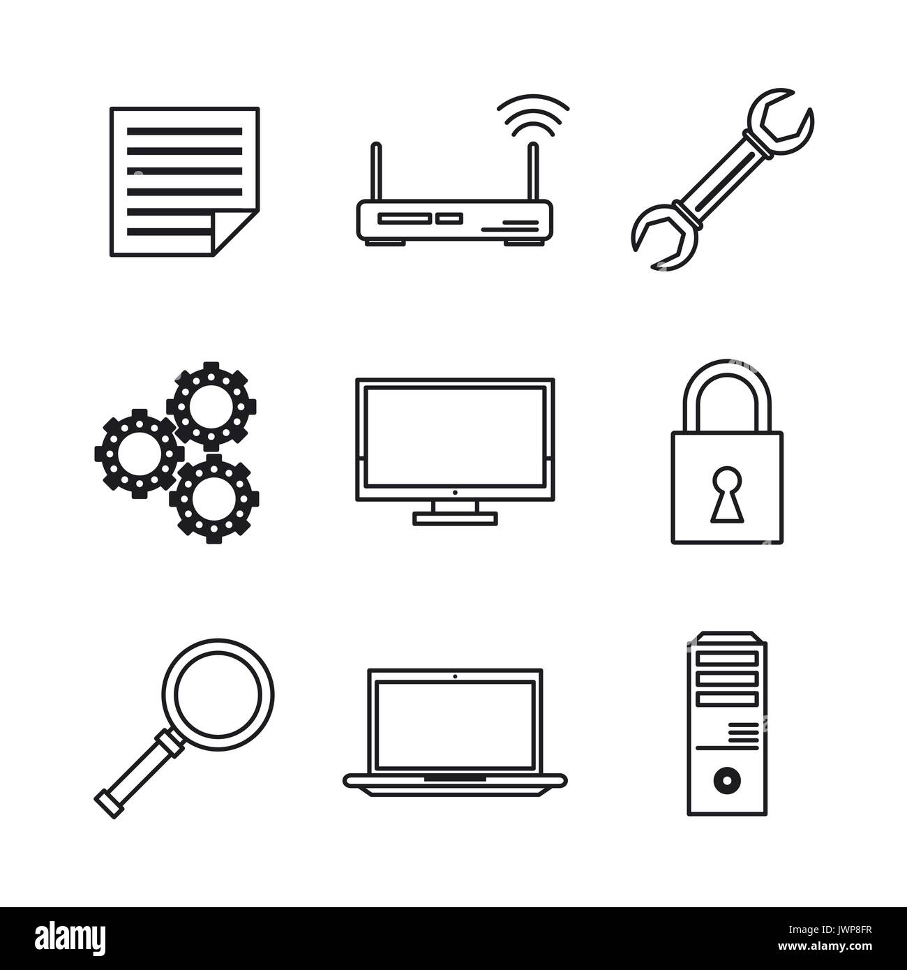 white background with monochrome icons of data service center Stock ...