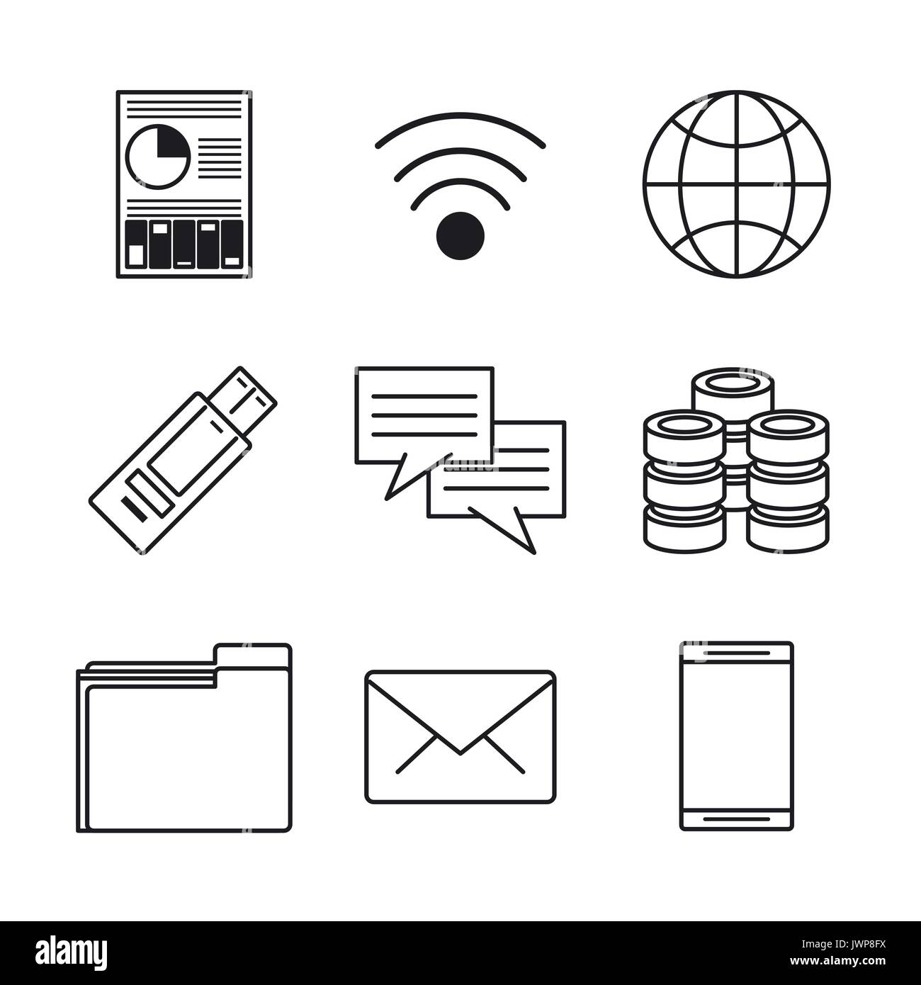 white background with black silhouette icons of data service center ...