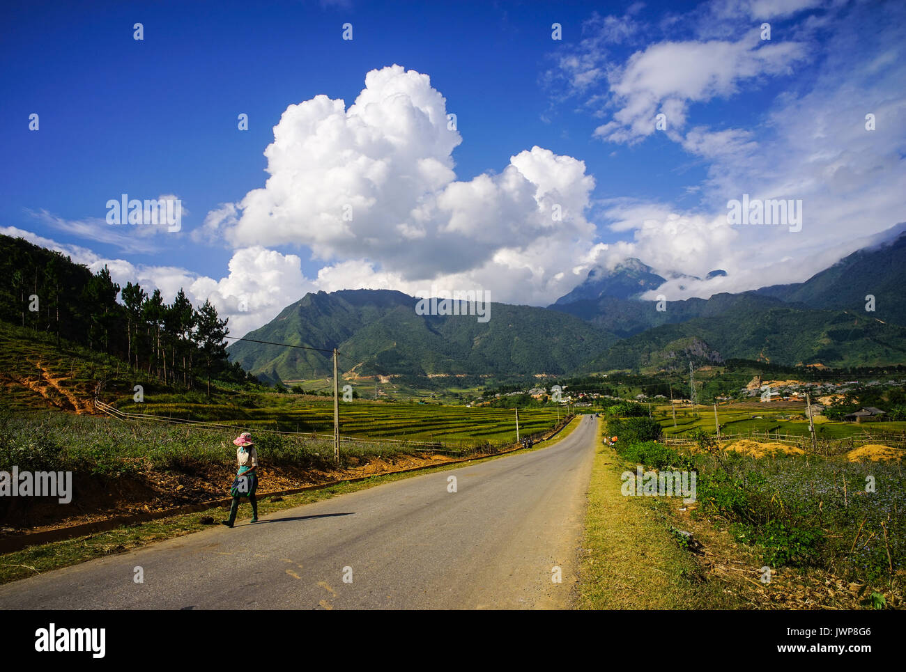 A woman walking on rural road in Sapa, Northern Vietnam. Sa Pa has the ...