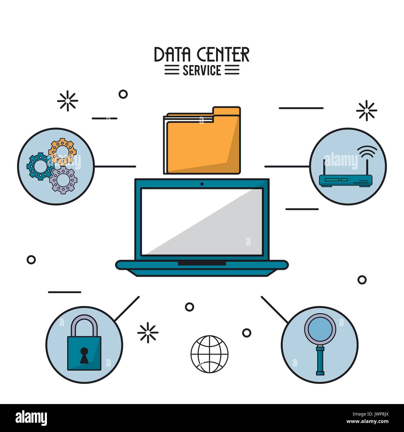 colorful poster of data center service with laptop computer and icons ...